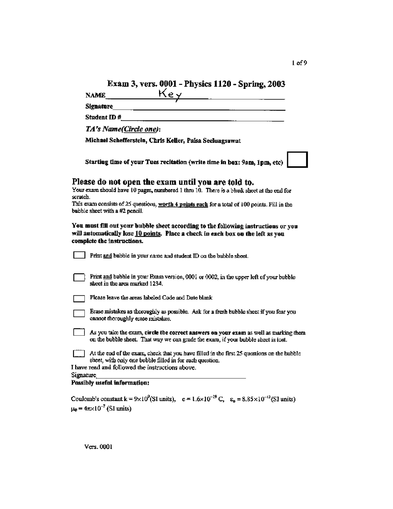 Solutions to Exam 3 for General Physics 2 | PHYS 1120 | Exams Physics | Docsity