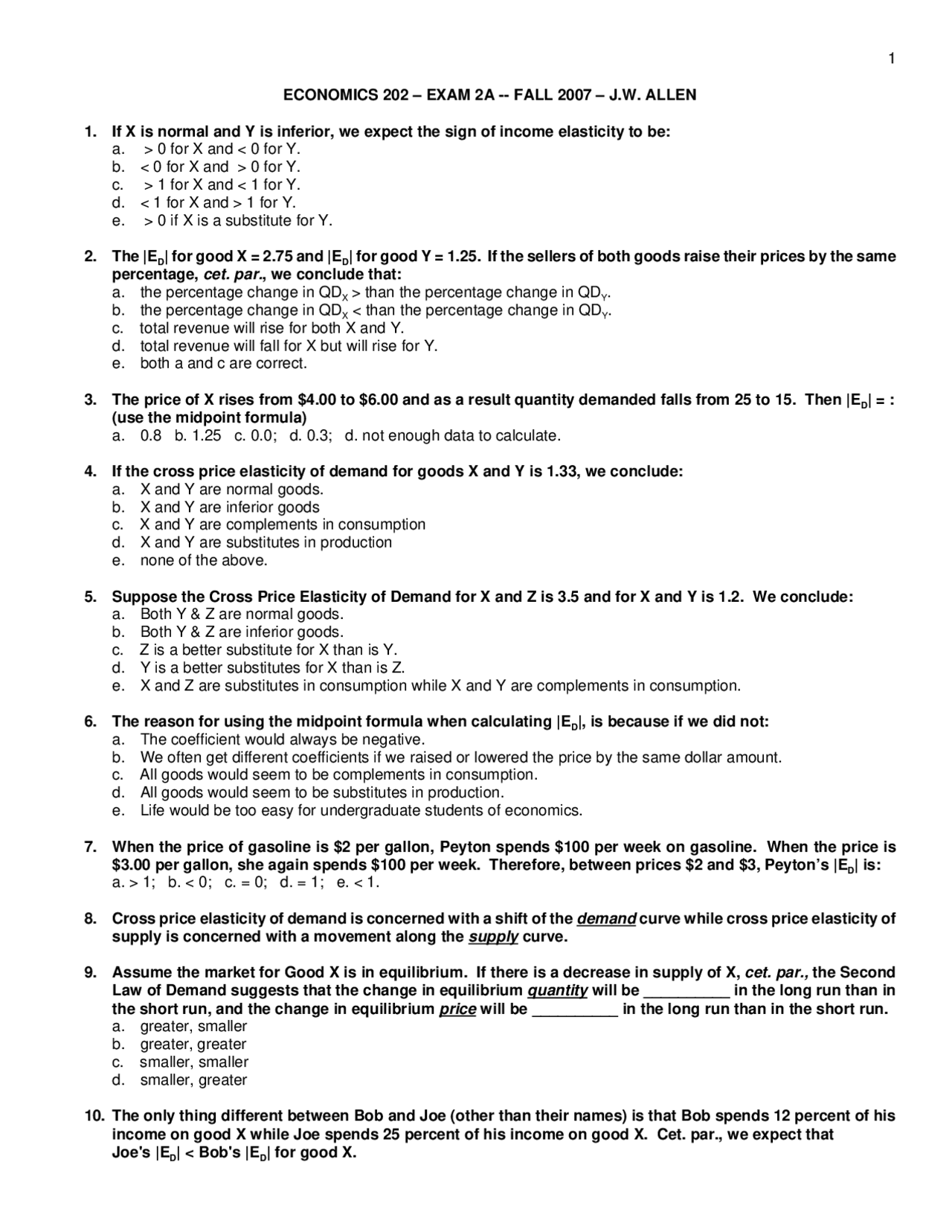 Questions On Principles Of Economics Practice Exam 2 Econ 202 Docsity