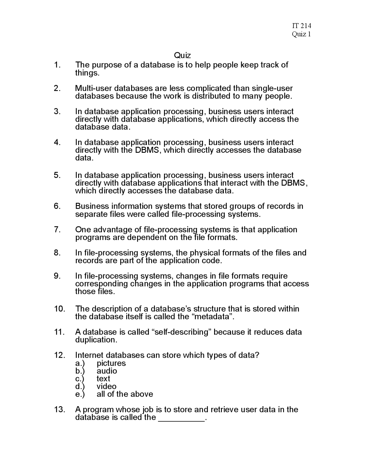 Quiz 1 Unsolved Questions - Database Fundamentals | IT 214 | Docsity