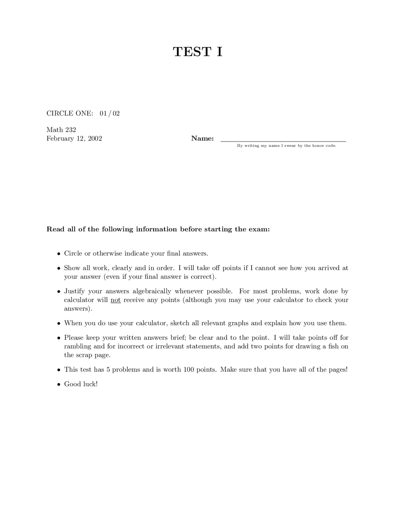 5 Problems On Calculus With Functions Ii Examination 1 Math 232