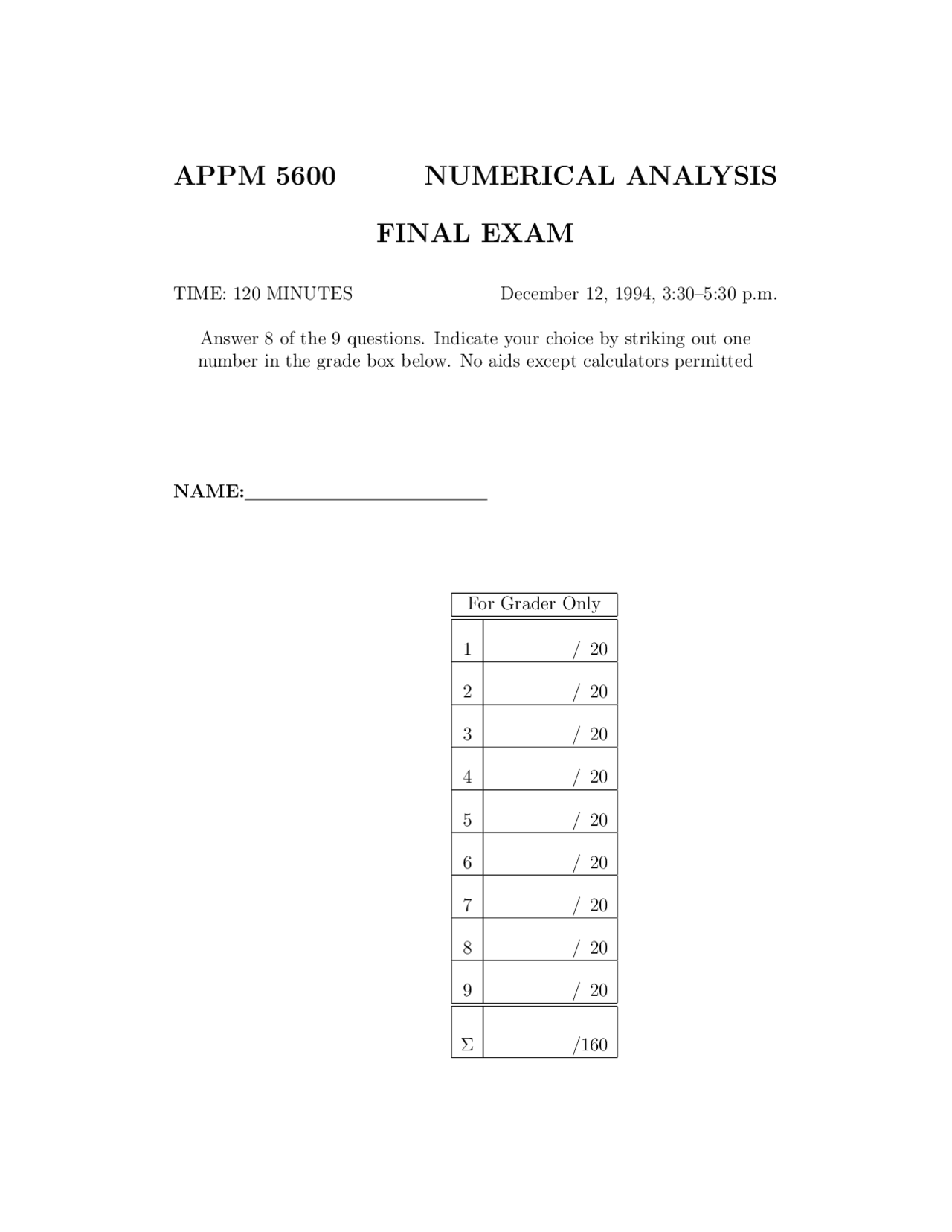 Numerical Analysis Final Exam 1994 Appm 5600 Docsity