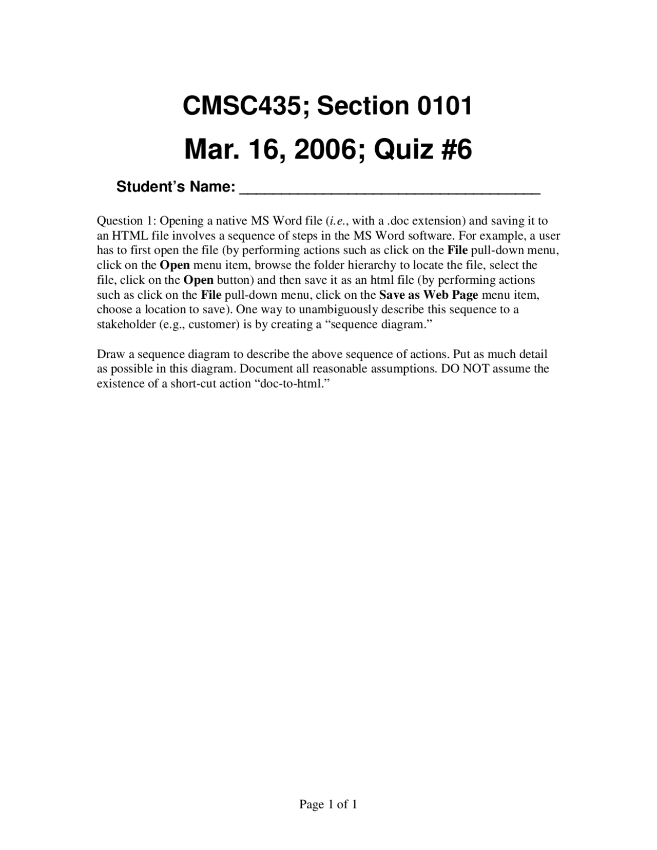 Sequence Diagram Software Engineering Quiz 6 Cmsc 435 Docsity
