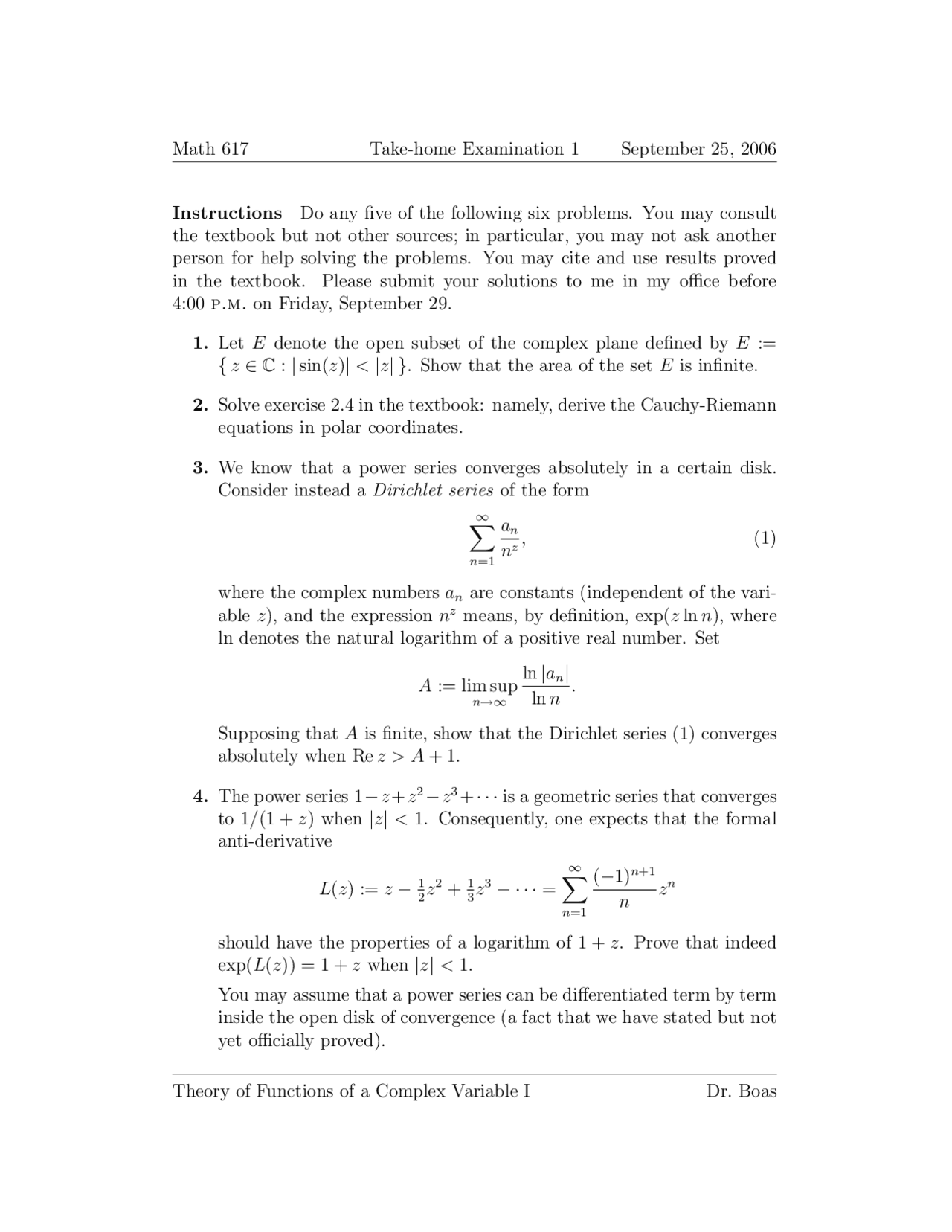 Take Home Examination 1 Complex Variables I Math 617 Docsity