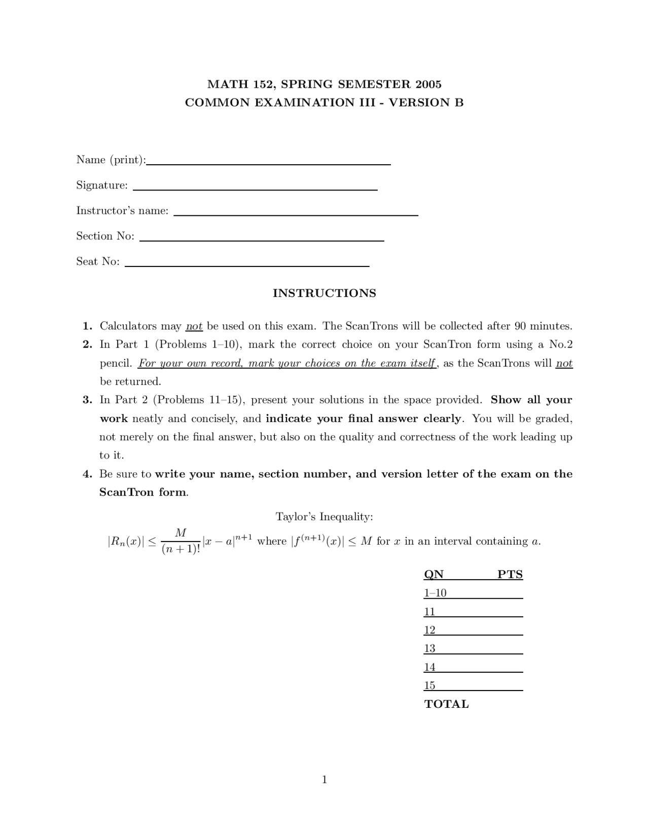 Exam 3 Version B Honor Engineering Mathematics Ii Math 152 Docsity