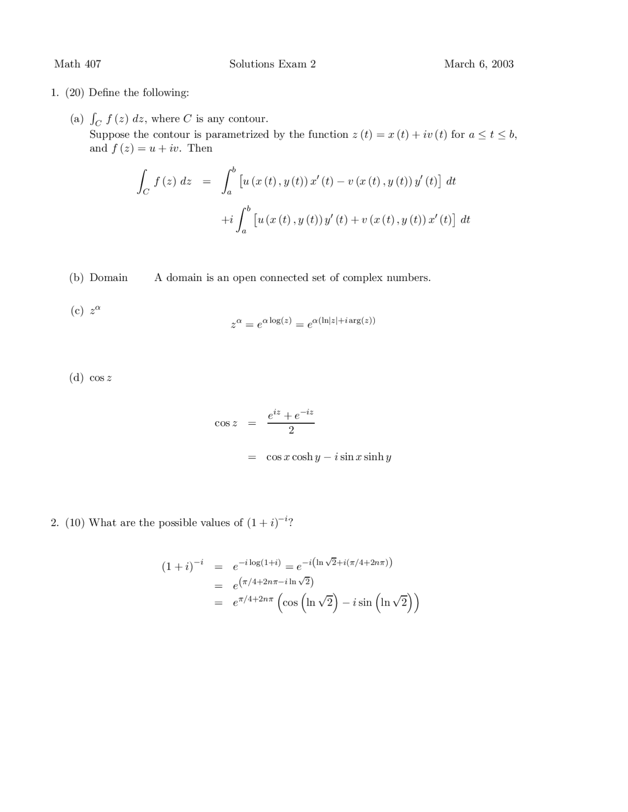 Solutions To Exam 2 Complex Variables Fall 2003 Math 407 Docsity