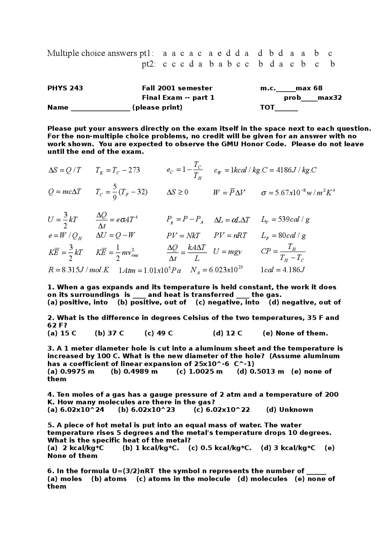 Past Final Exam on College Physics I - Fall 2001 | PHYS 243 - Docsity