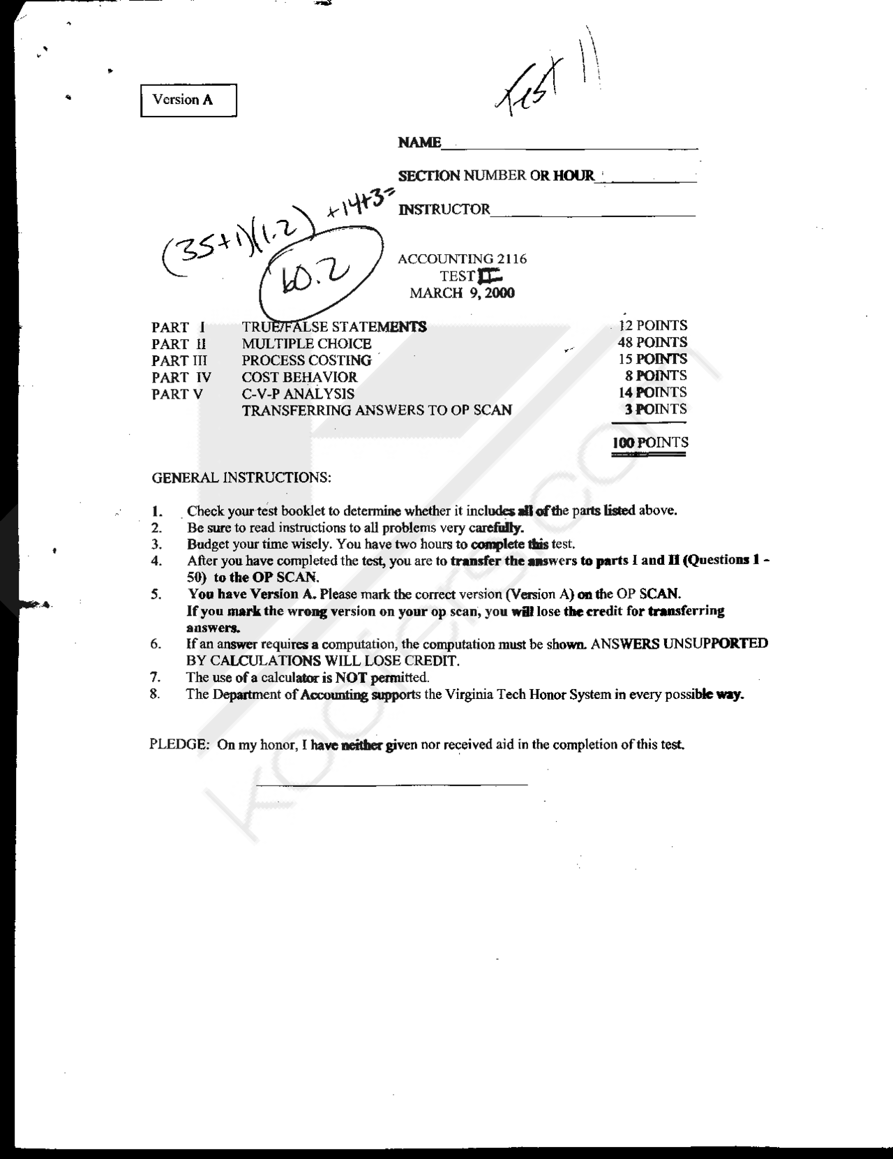 Test Ii Version A Principles Of Accounting Acis 2116 Docsity