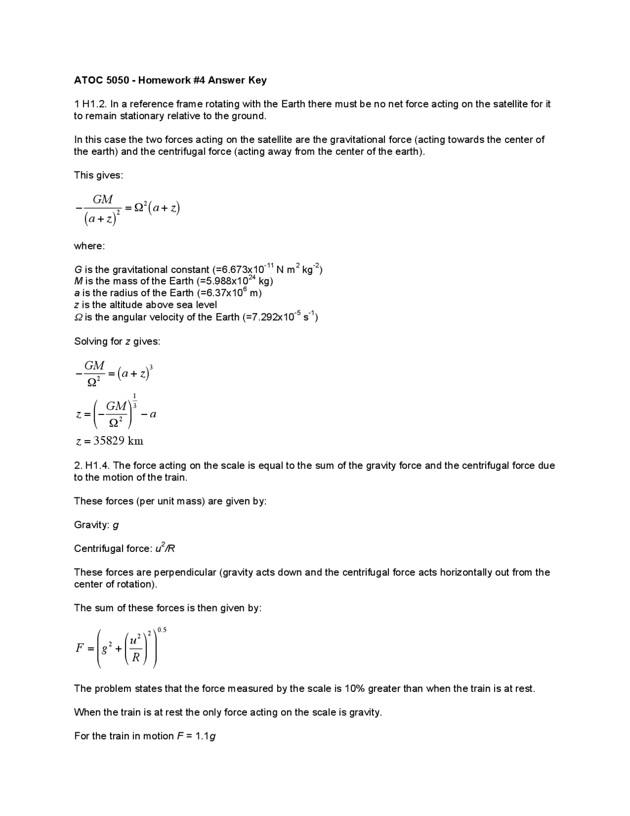 Gravity And Centrifugal Force Homework Atmospheric Dynamics Atoc