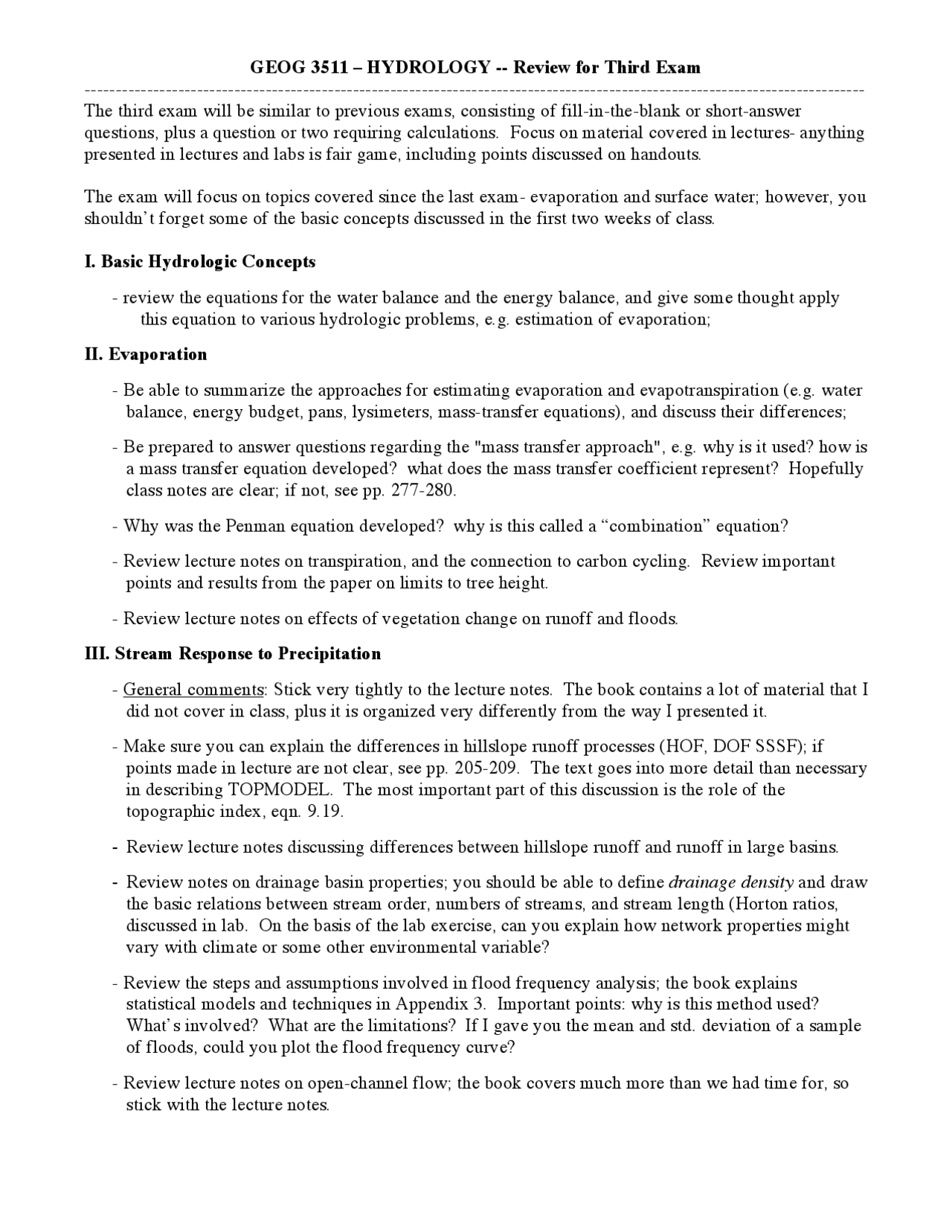 Review For Exam 3 Introduction To Hydrology Geog 3511 Docsity