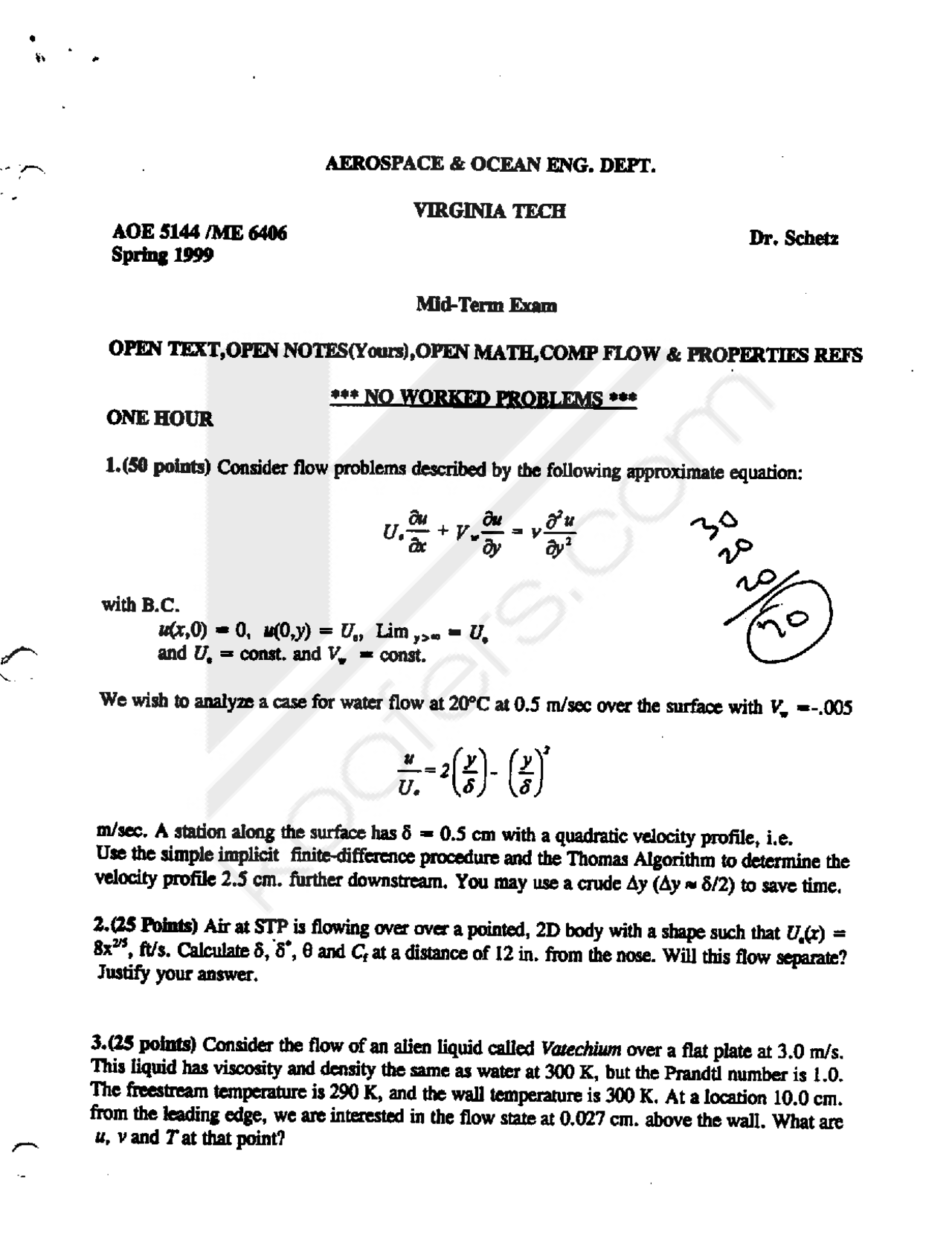 Mid Term Exam With Solution Boundary Layer Theory Aoe 5144 Docsity