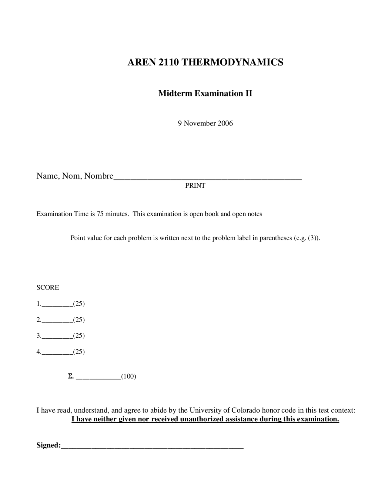 Midterm Exam 2 Thermodynamics Fall 2006 Aren 2110 Docsity