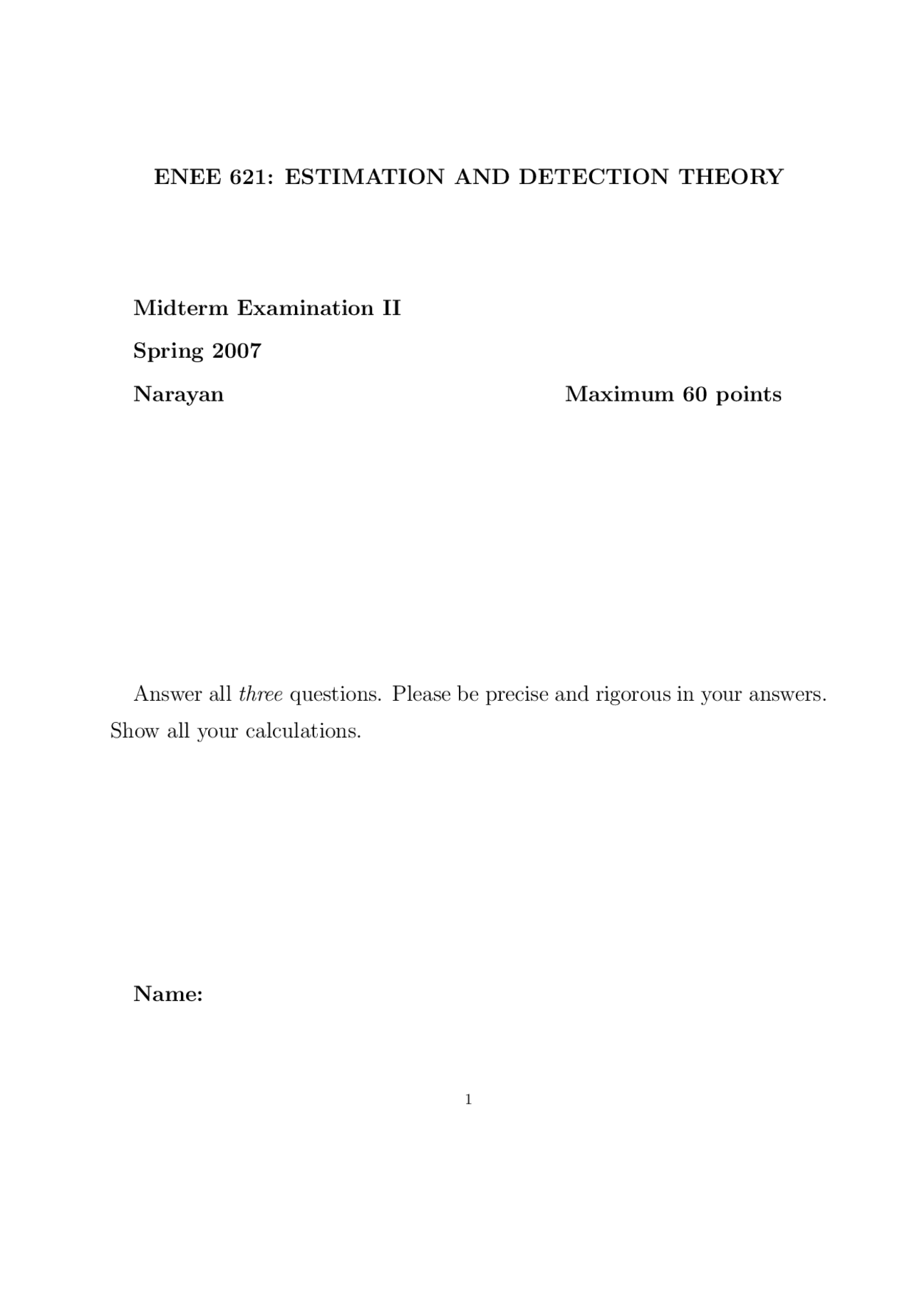 Solved Problems For Midterm Exam 2 Estimation Detection Theory Enee 621 Docsity