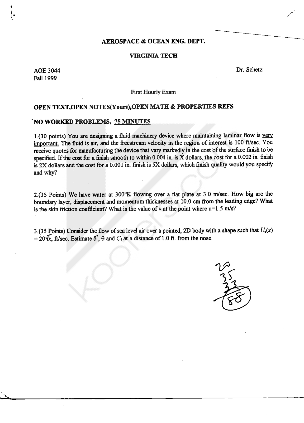 Exam 1 with Solution - Virginia Techniques | AOE 3044 | Exams Aerospace ...