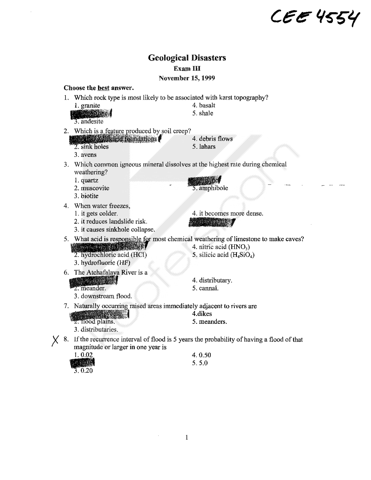 Exam Iii Questions With Answer Key Natural Disasters Cee 4554 Docsity