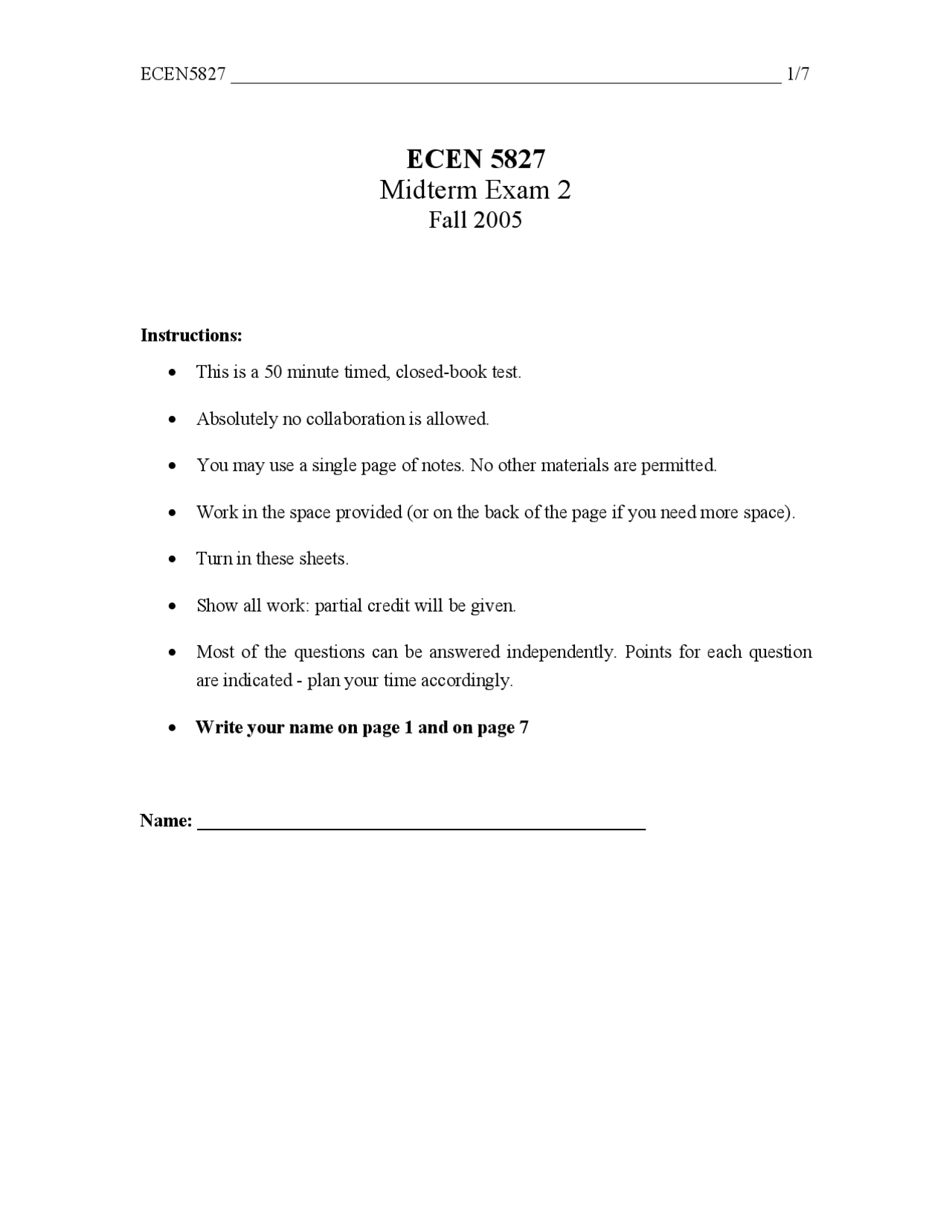 Midterm Exam 2 Analog Integrated Circuit Design Fall 2005 Ecen