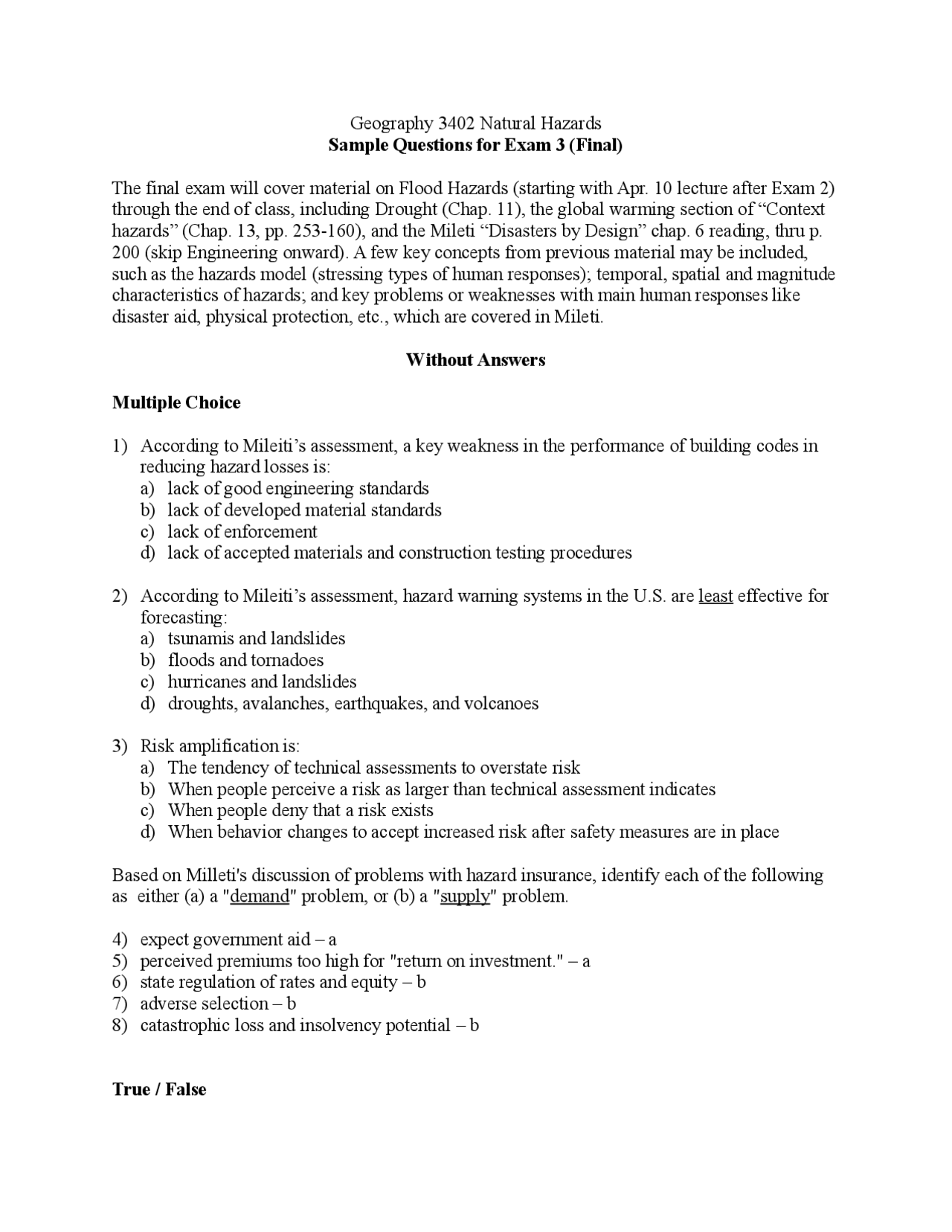 Sample Questions for Exam 3 - Natural Hazards | GEOG 3402 | Exams ...