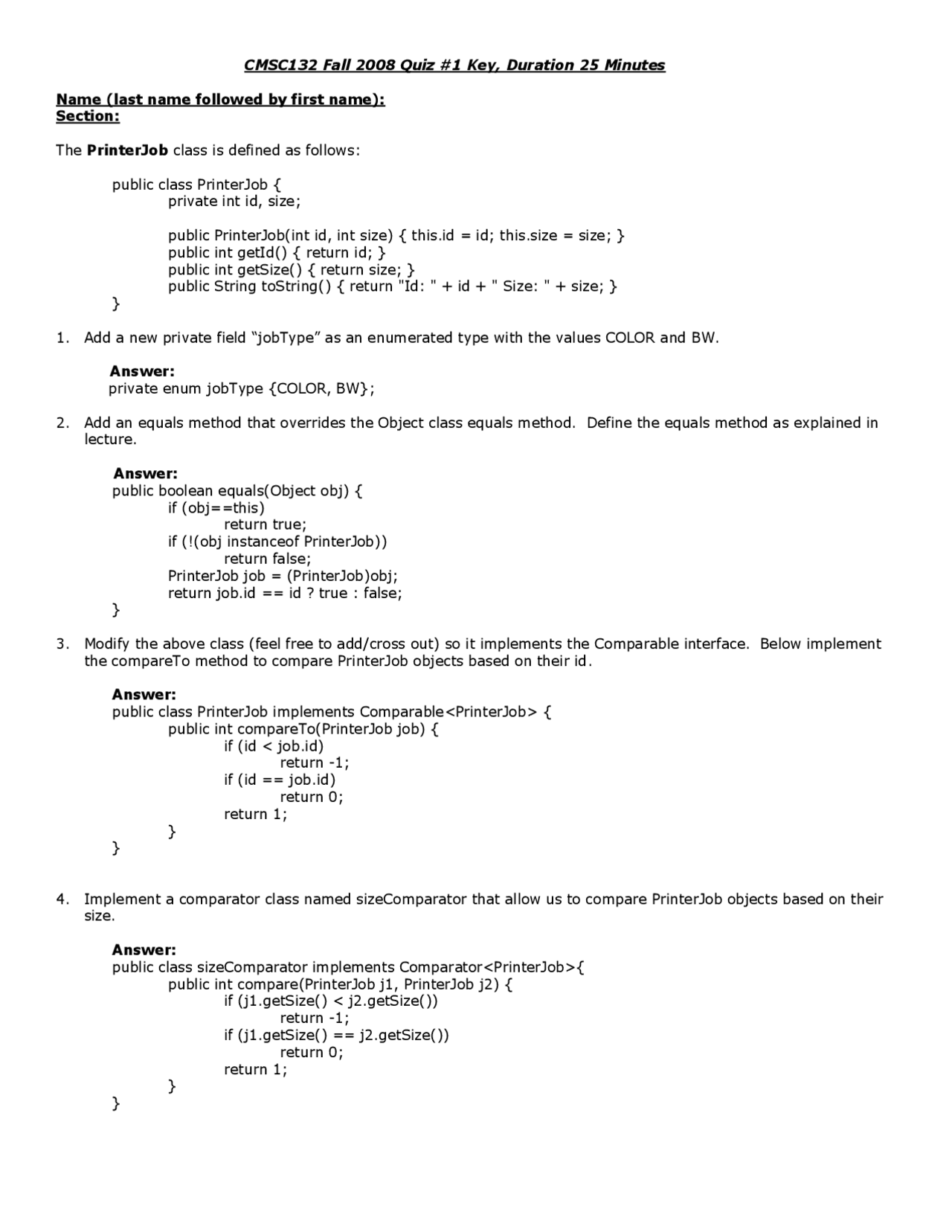 Practice Quiz 1 With Resolution Object Oriented Programming Ii Cmsc 3521
