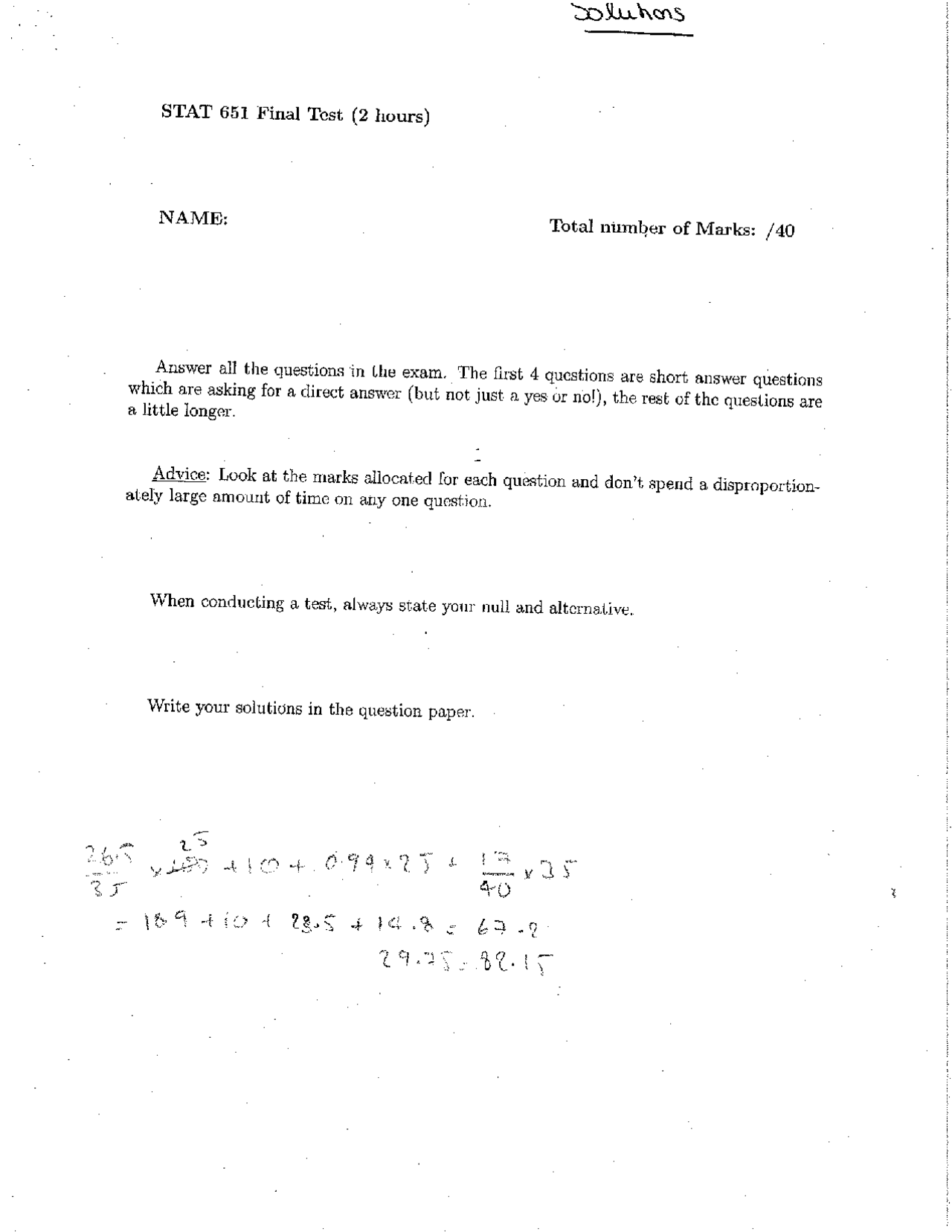 Final Test Solutions For Statistics In Research I Stat 651 Docsity