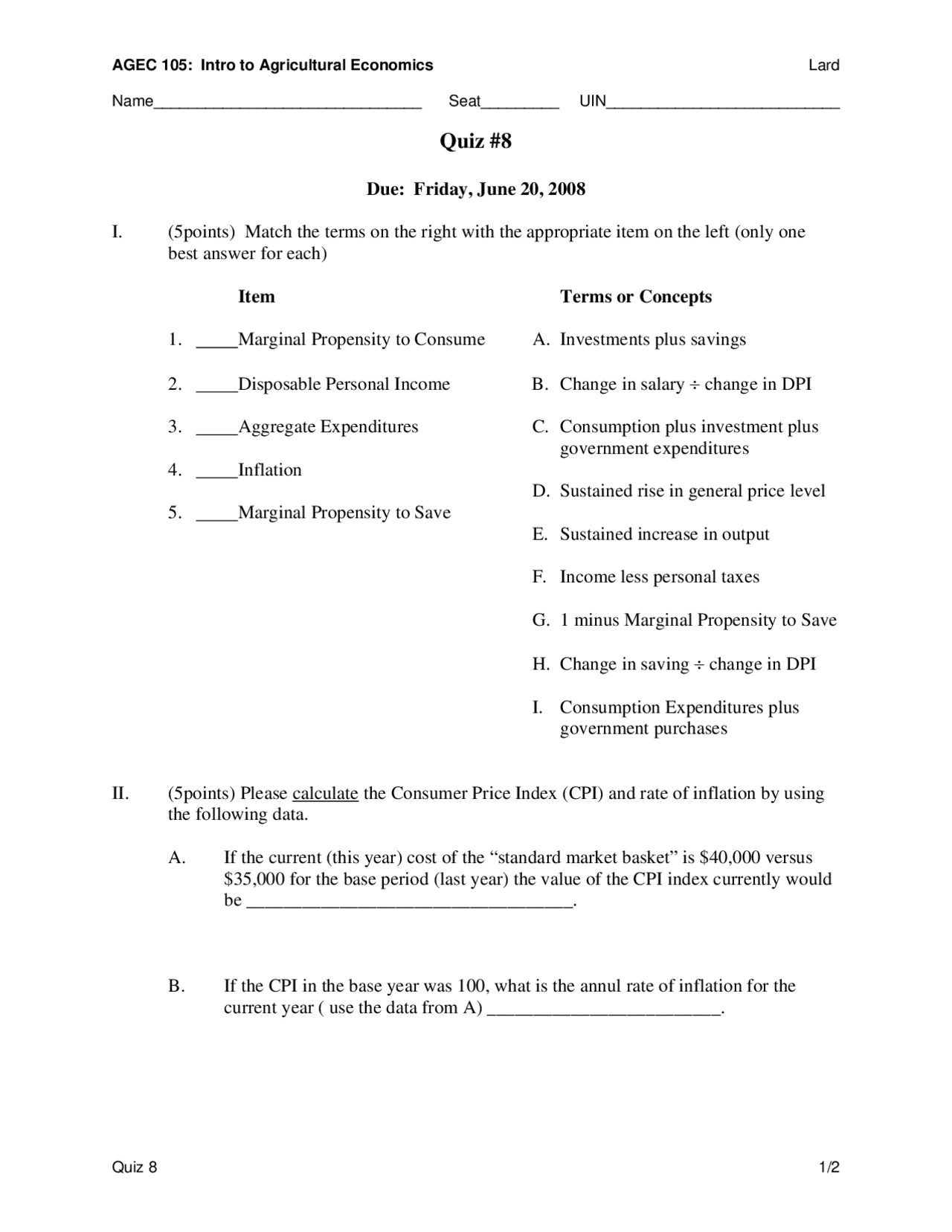 Quiz 8 Questions Introduction To Agricultural Economics Agec 105