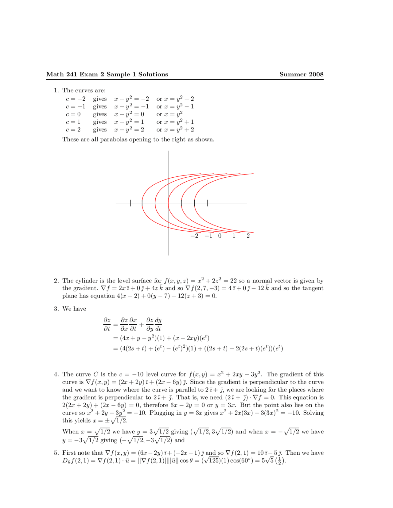 Exam 2 Sample Solutions Calculus Iii Math 241 Docsity