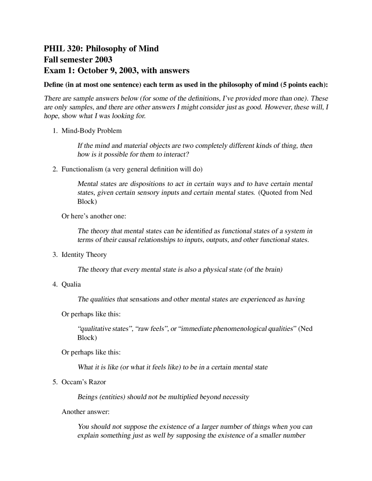 Old Exam 1 With Answers Philosophy Of Mind Phil 320 Docsity