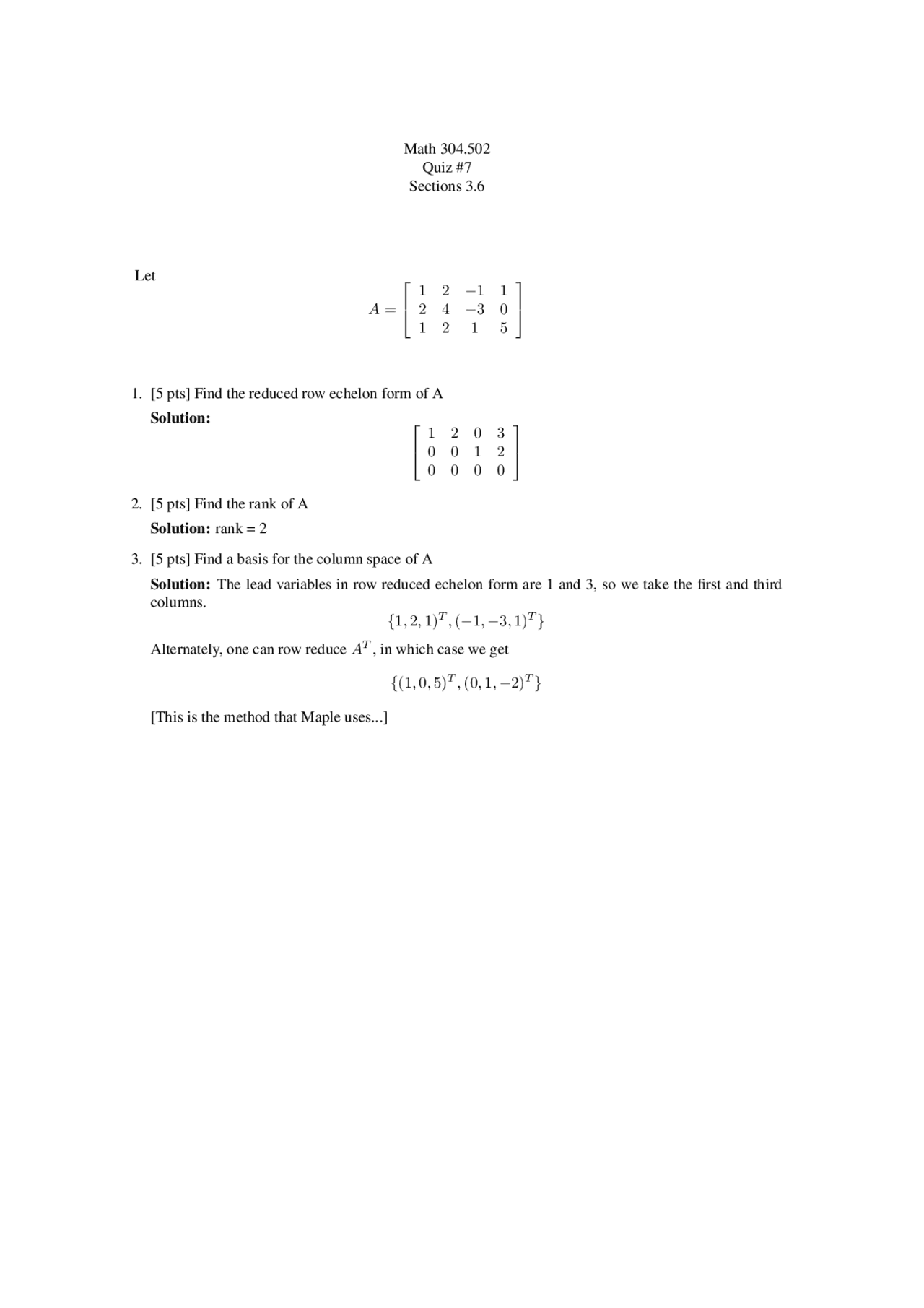 Quiz 7 With Solutions Linear Algebra Math 304 Docsity