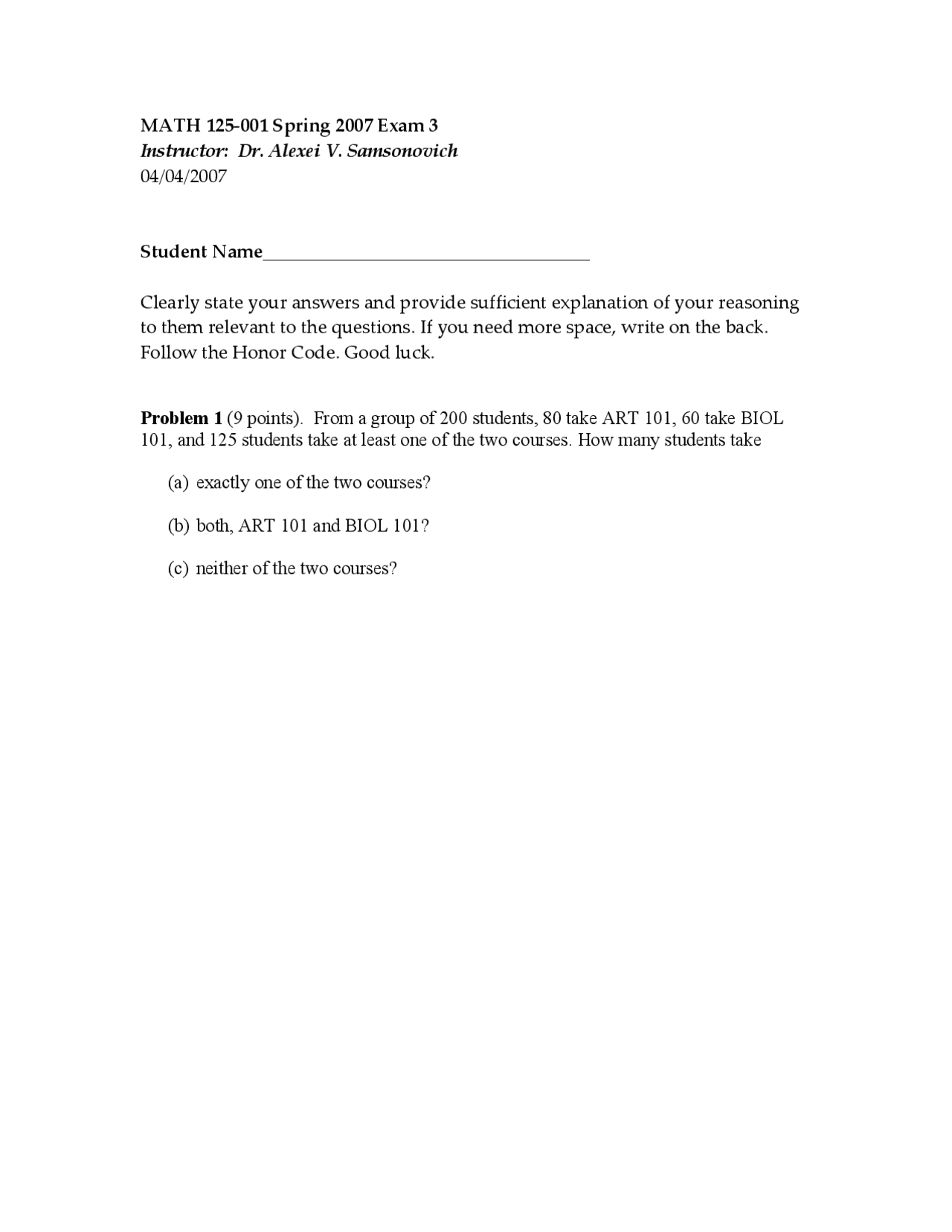 Unsolved Problems For Exam 3 Discrete Mathematics I Math 125 Docsity