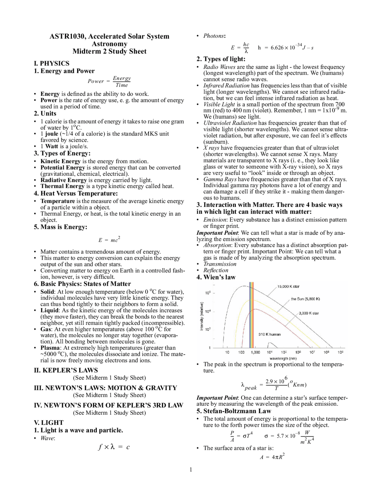 Midterm 2 Study Sheet - Accelerated Solar System Astronomy 1 | ASTR 1030 - Docsity