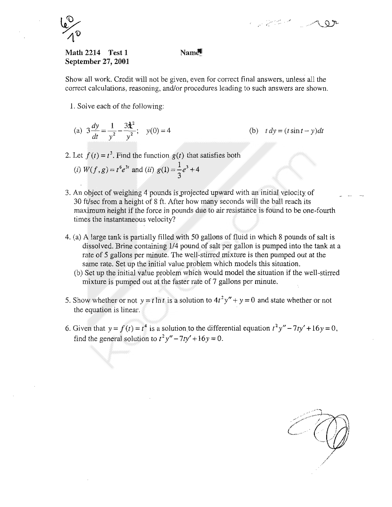 Introduction To Differential Equations Test 1 Solution Math 2214