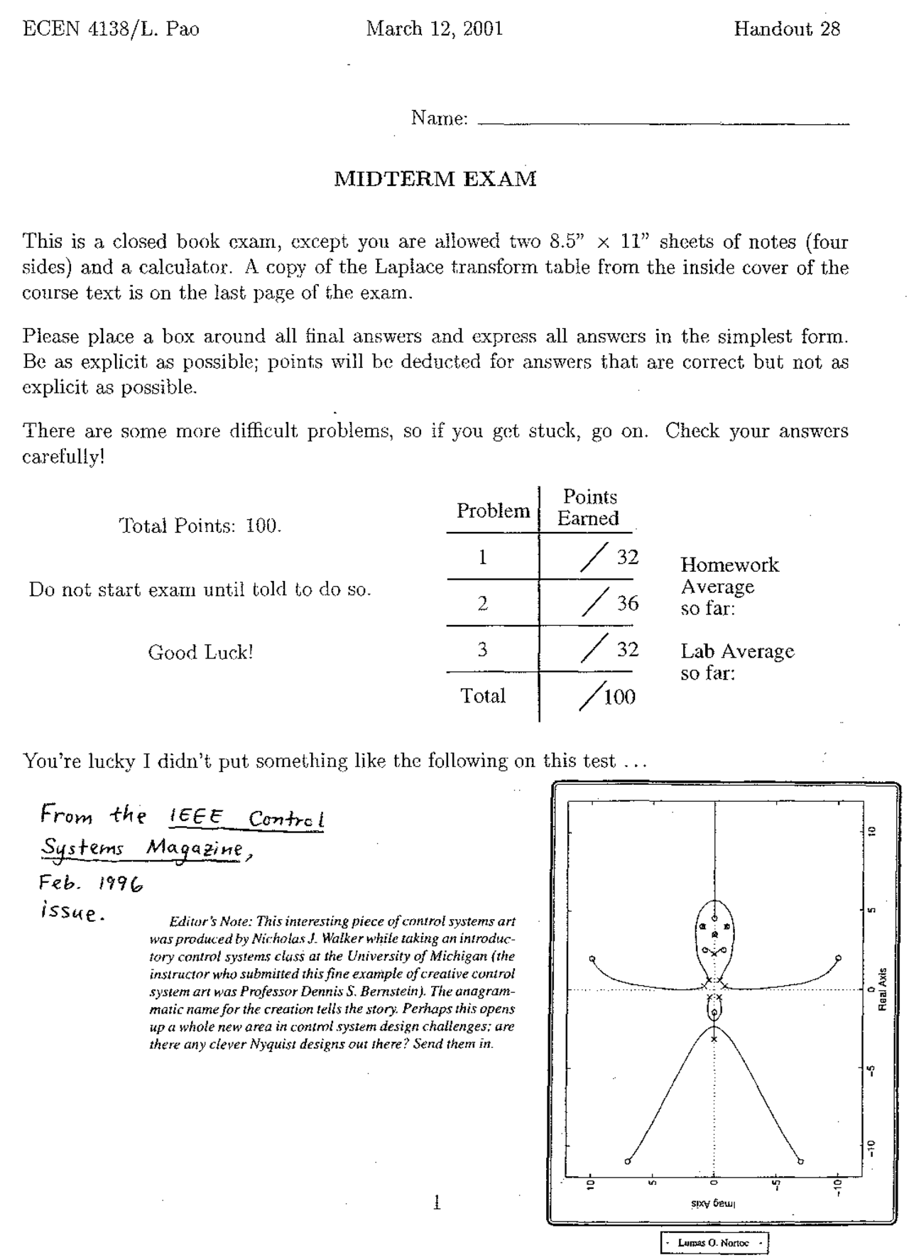 Midterm Exam Of Control Systems Analysis 2001 Ecen 4138 Docsity