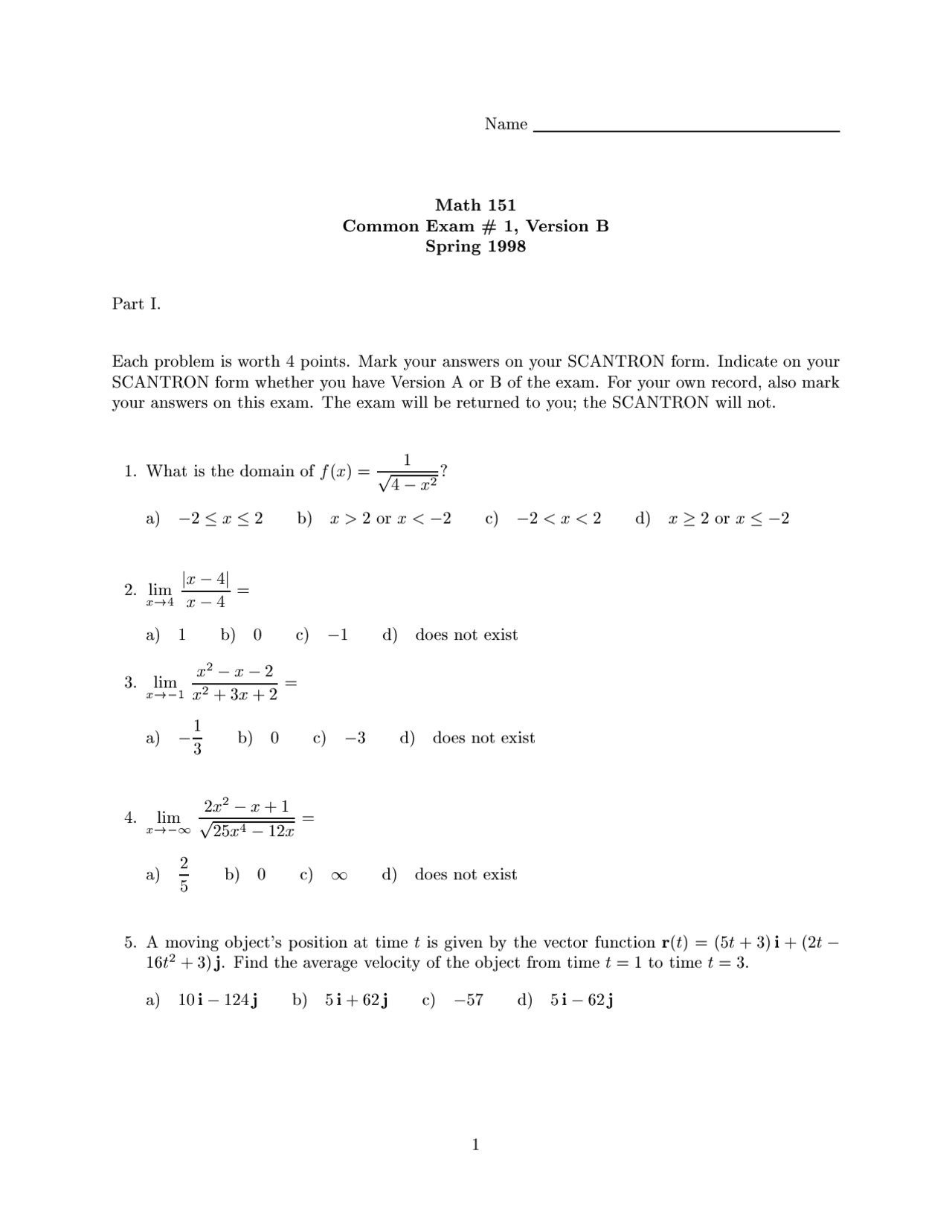 Exam 1 Version B Honor Engineering Mathematics I Math 151 Docsity