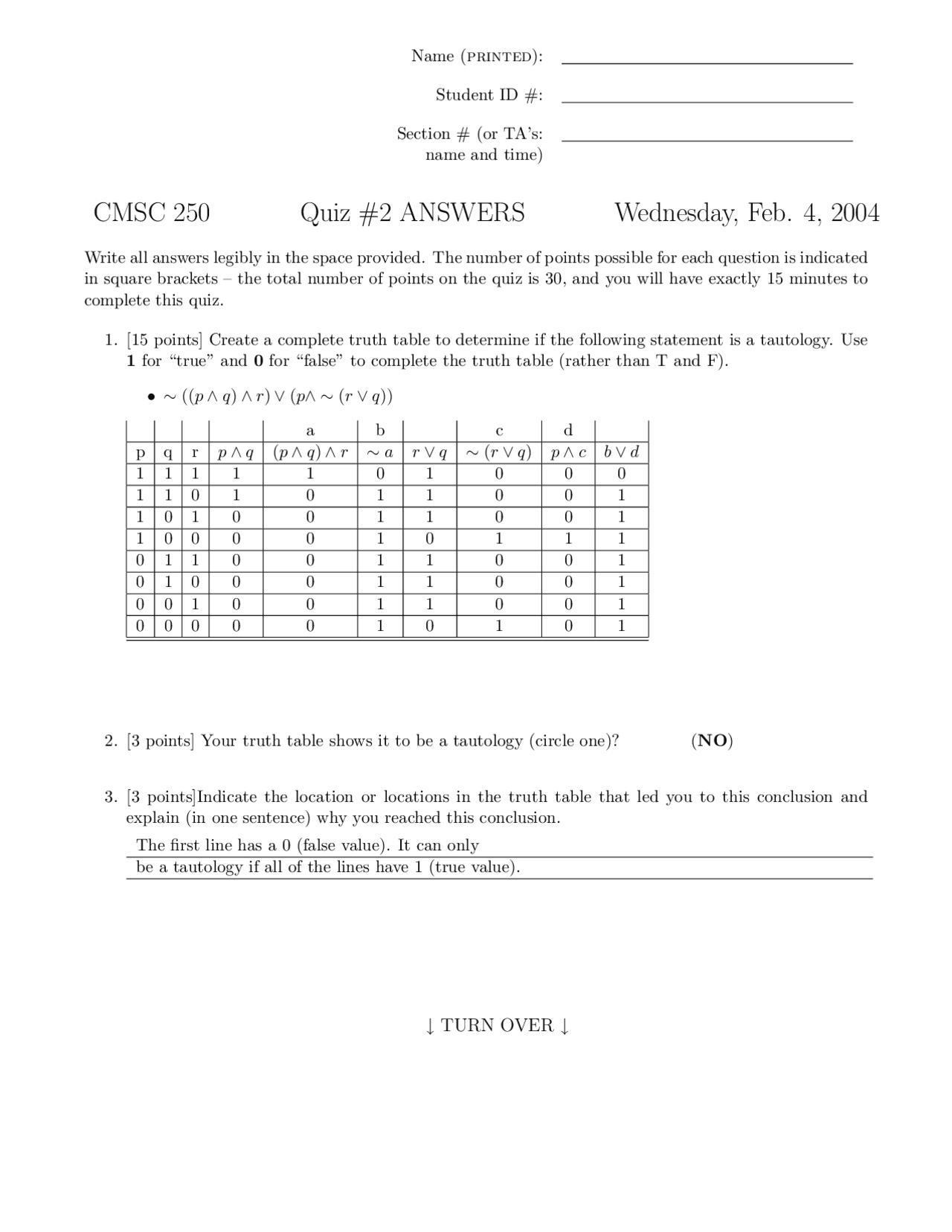 Practice Quiz 2 With Answer Key For Discrete Structures Cmsc 250