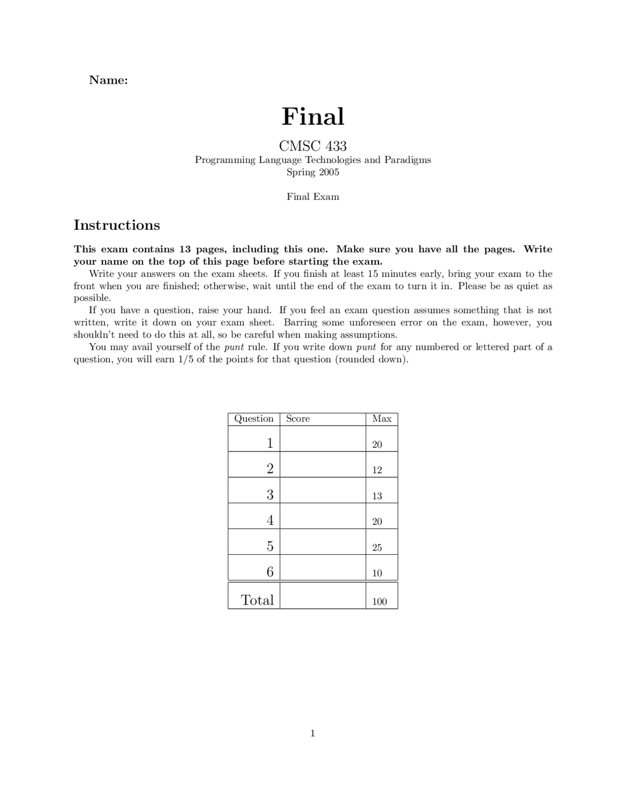 6 Questions Of Programming Language And Technologies Final Exam Cmsc 433 Docsity