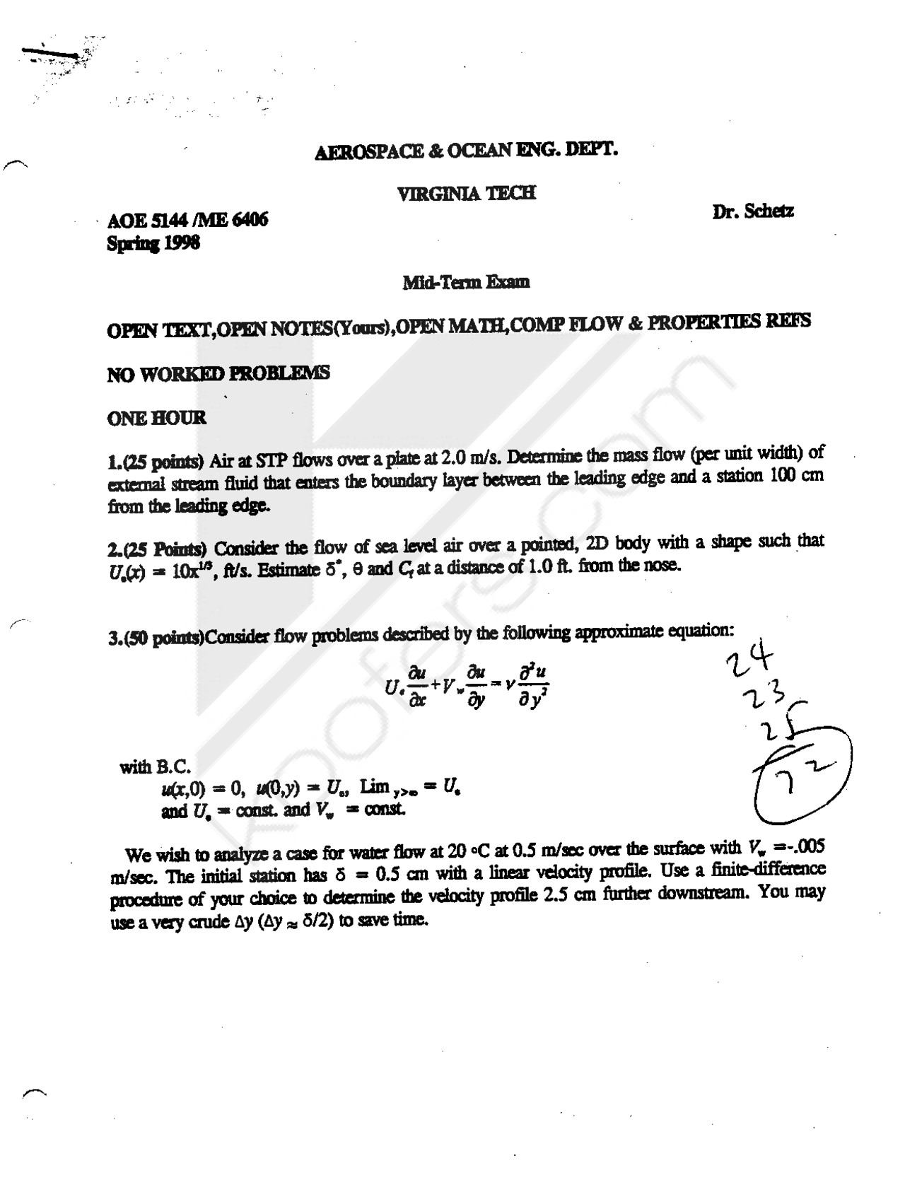 Midterm Exam With Resolution Boundary Layer Theory Aoe 5144 Docsity