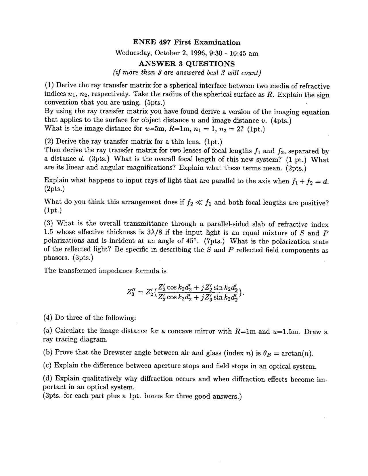 Exam 1 With Answer 3 Questions Optical System Design Enee 497 Docsity