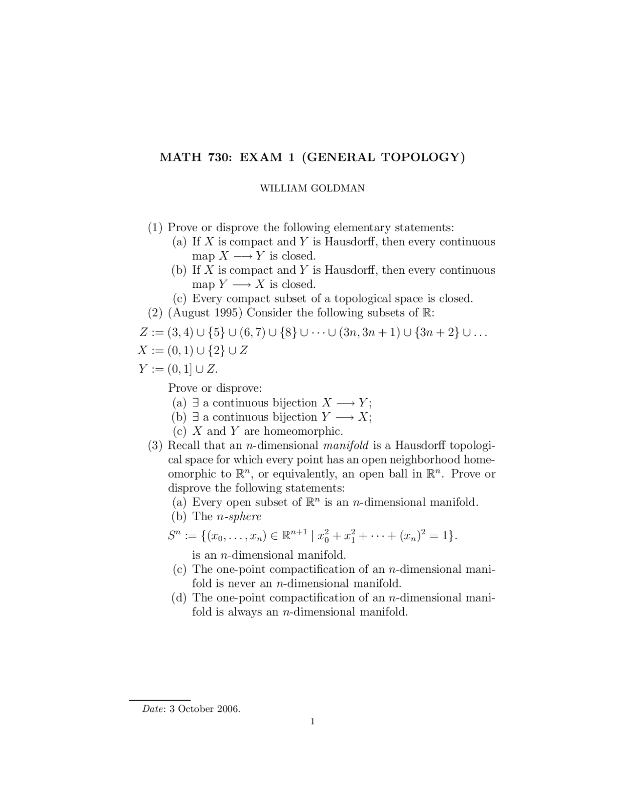 3 Questions For Old Exam 1 Fundamental Concepts Of Topology Math