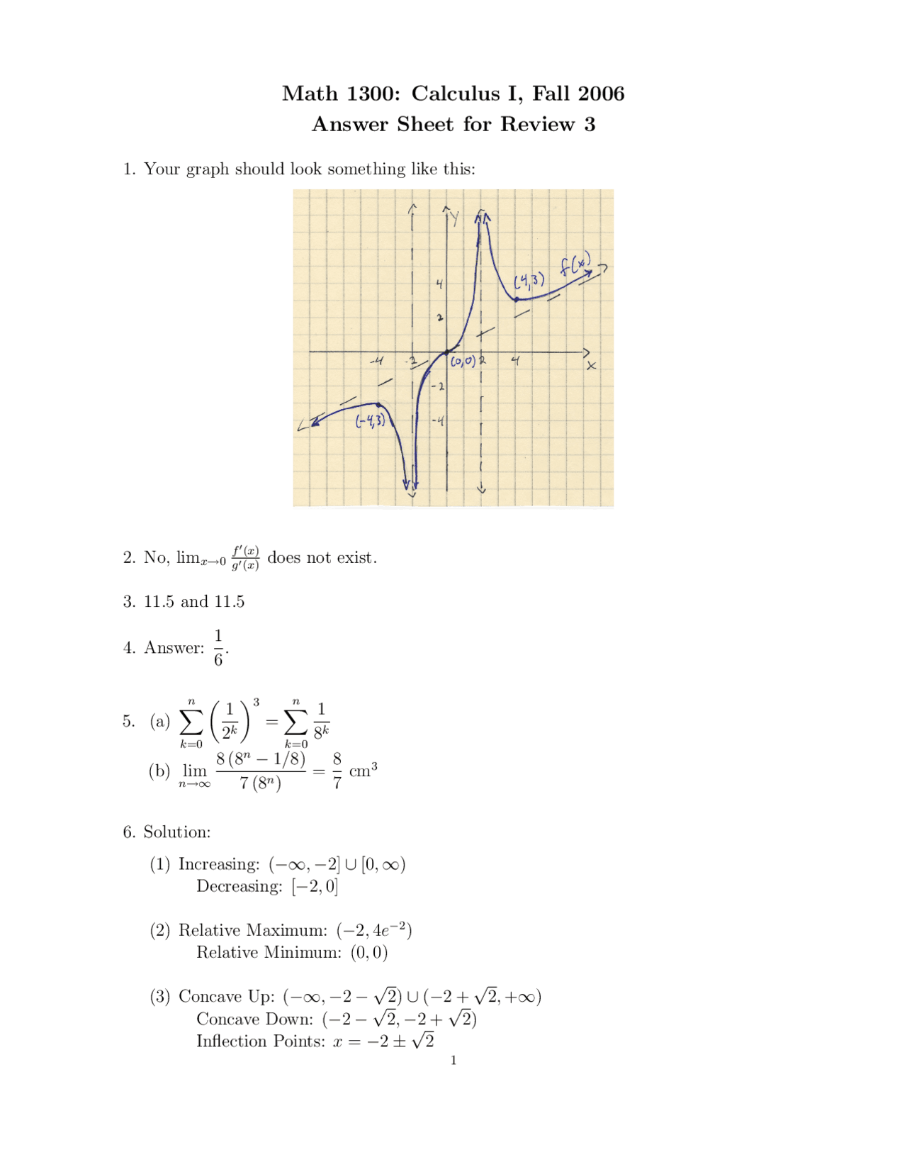 Answer Sheet For Review 3 On Analytic Geometry And Calculus 1 Math