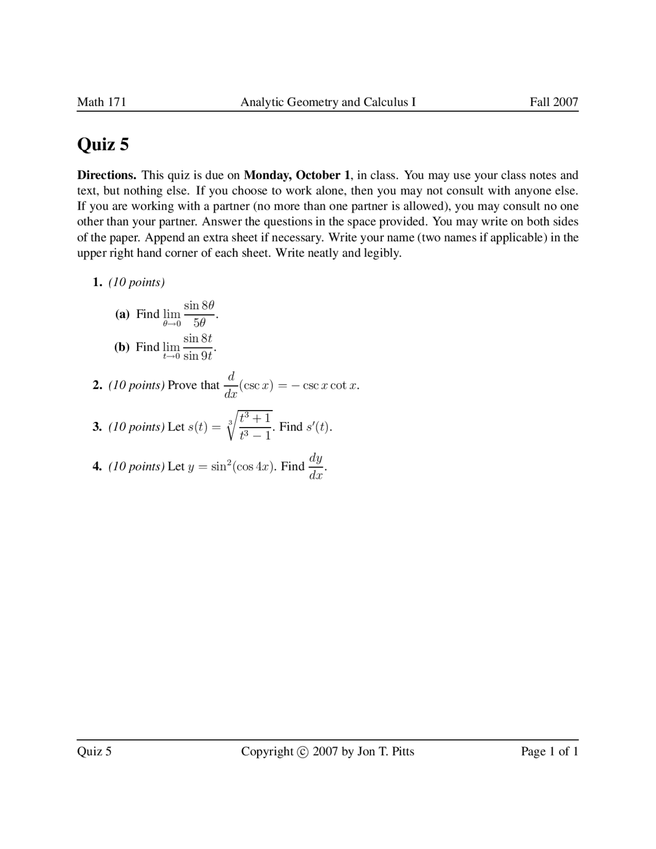 Practice Quiz 5 Calculus With Analytic Geometry Math 171 Docsity