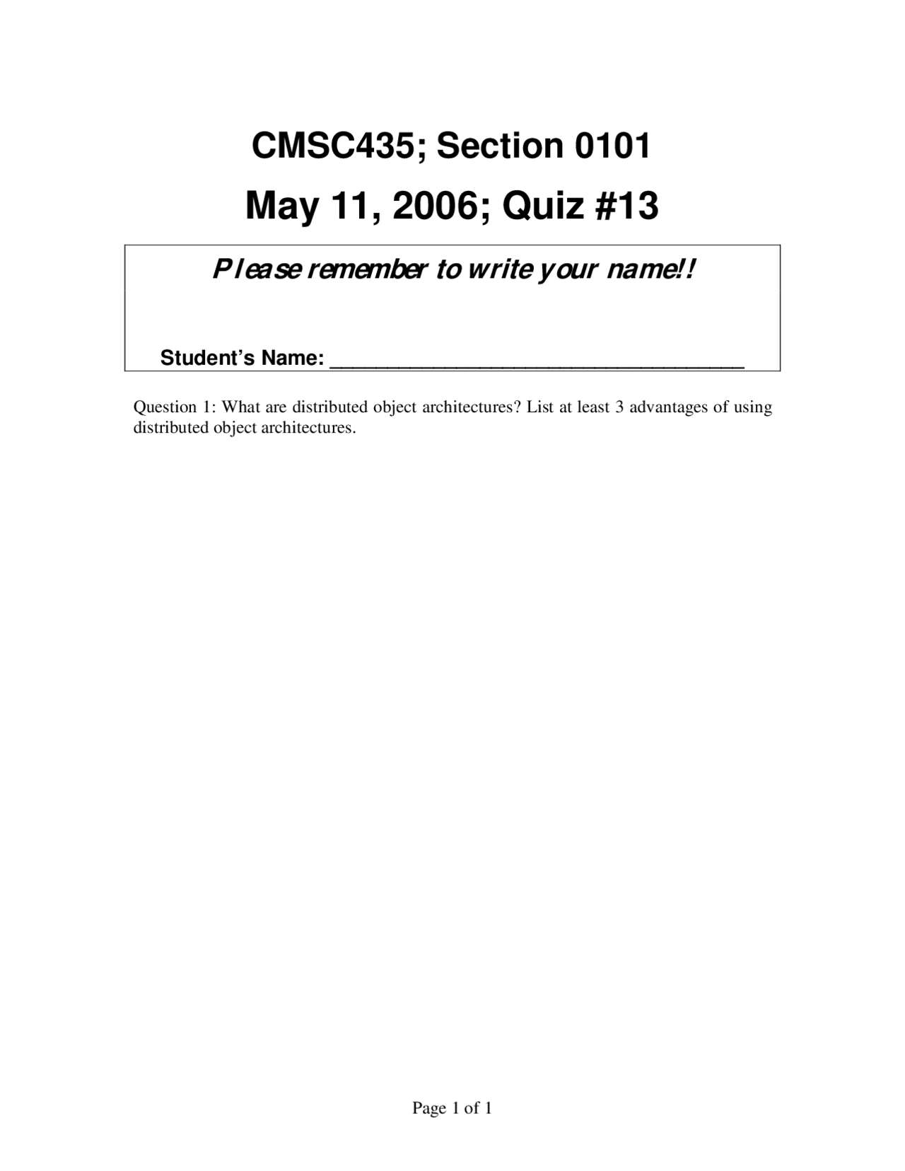 Quiz 13 with1 Question for Software Engineering | CMSC 435 - Docsity