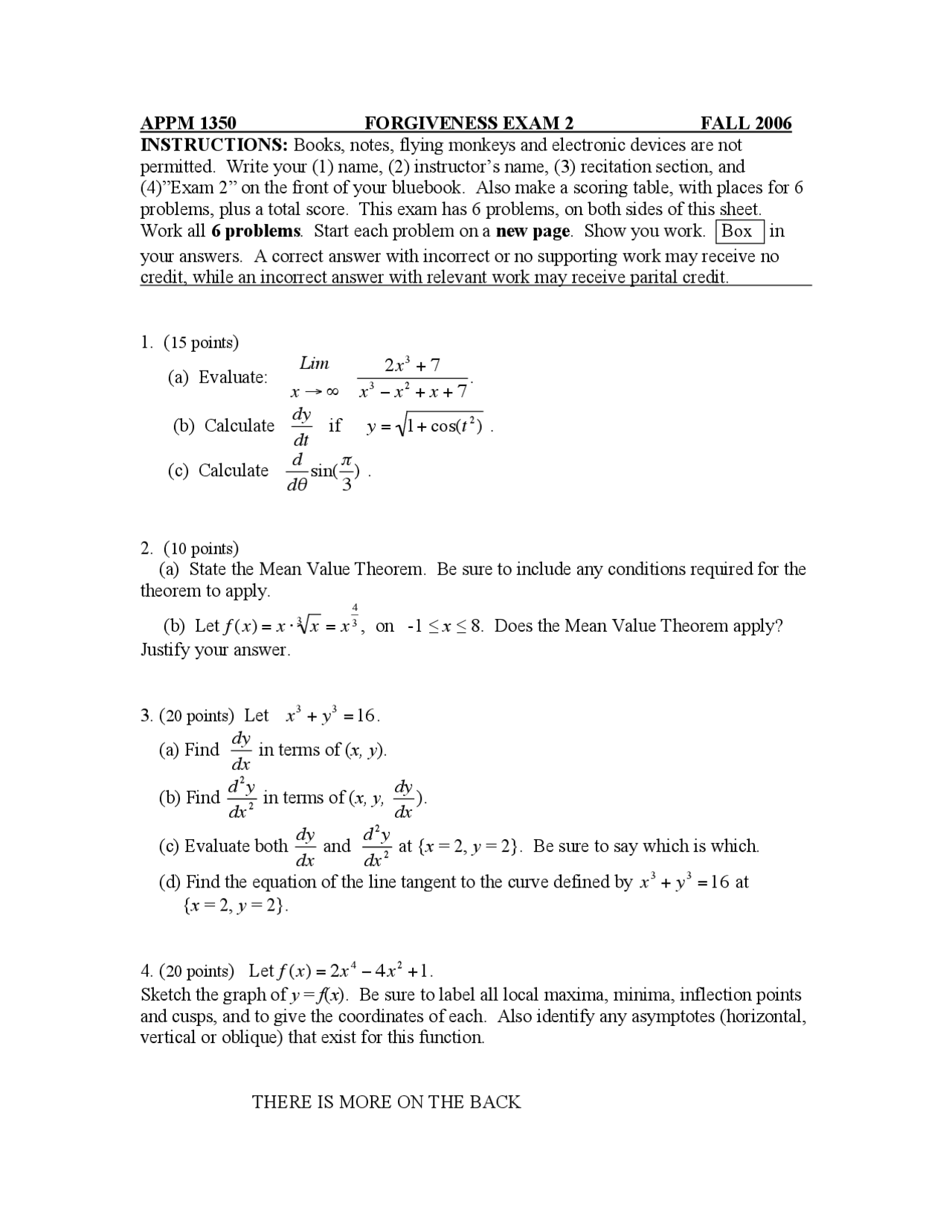 Exam 2 Questions On Calculus 1 For Engineers Fall 2006 Appm 1350