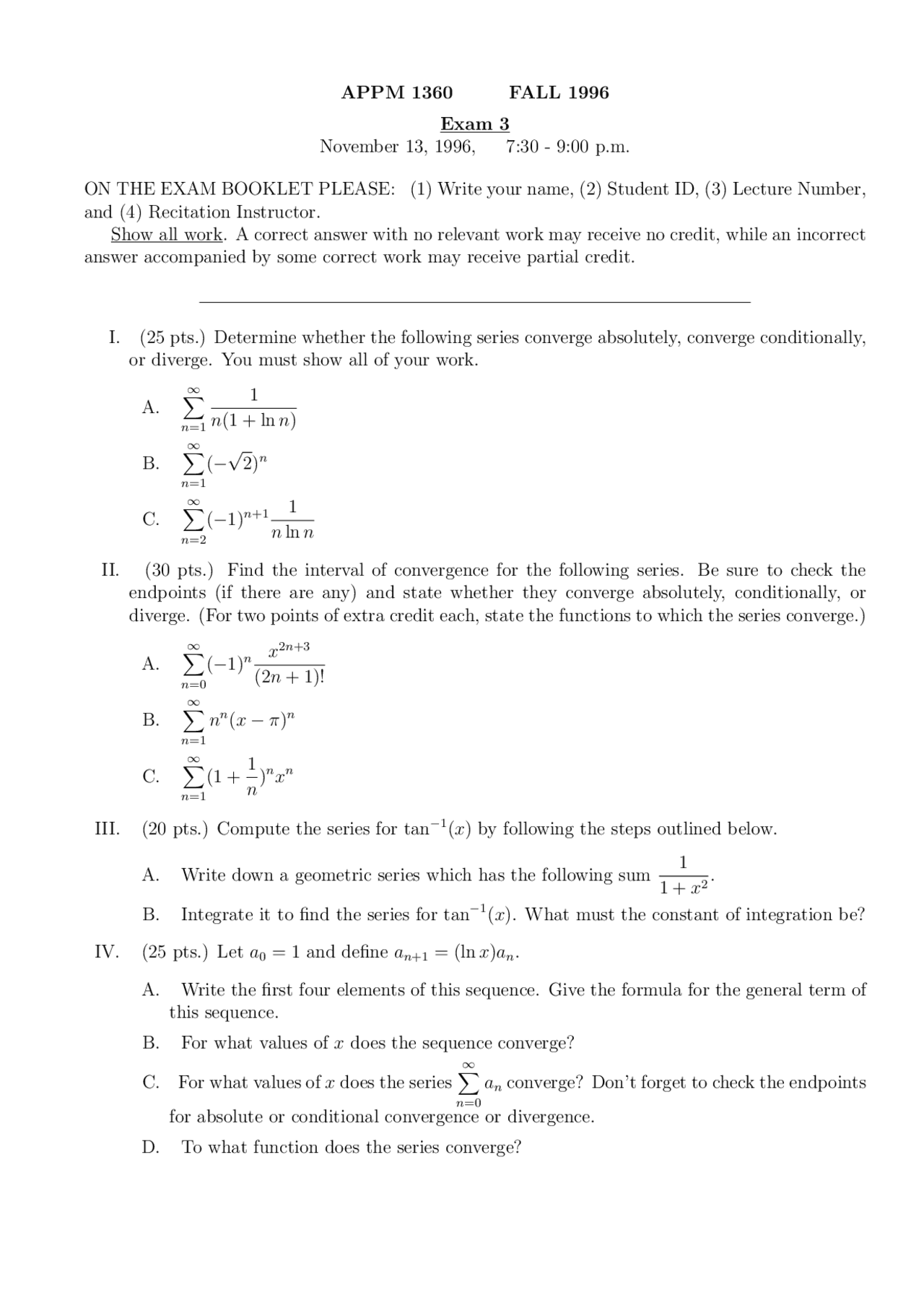 4 Questions For Calculus Ii For Engineers Test 3 Appm 1360 Docsity