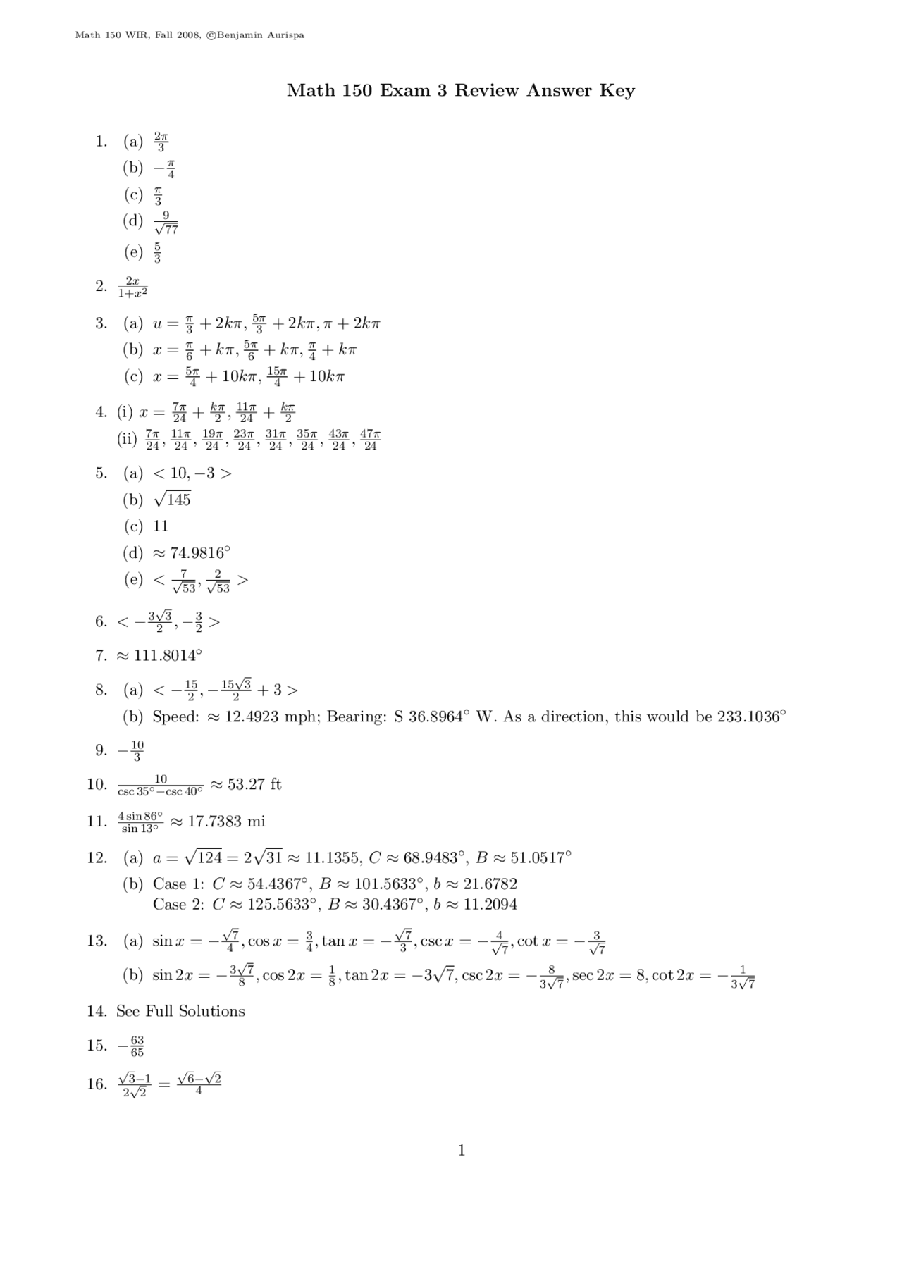 Exam 3 Review Answer Key - Trigonometry and Linear Algebra | MATH 150 ...