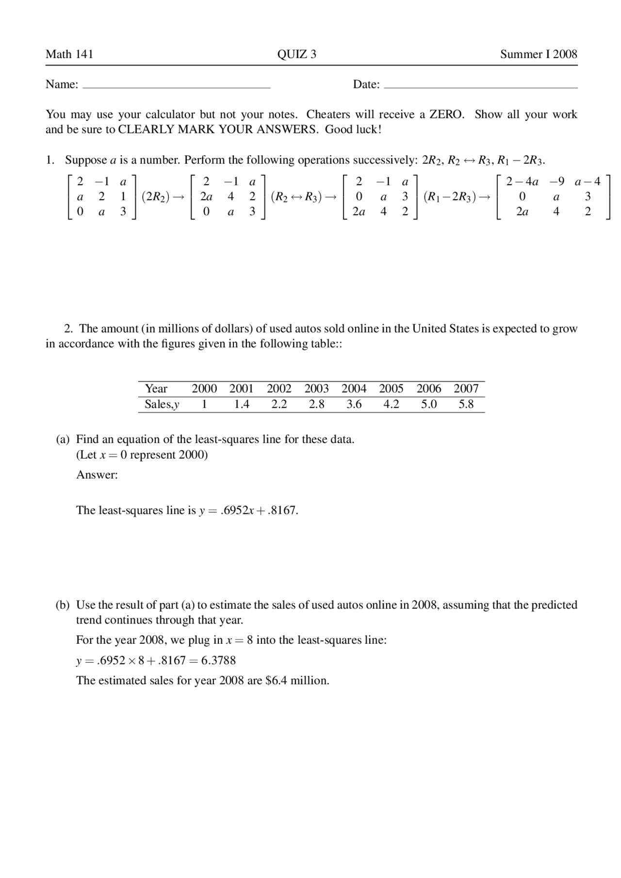 Solved Questions For Quiz 3 Honor Business Mathematics I Math 141