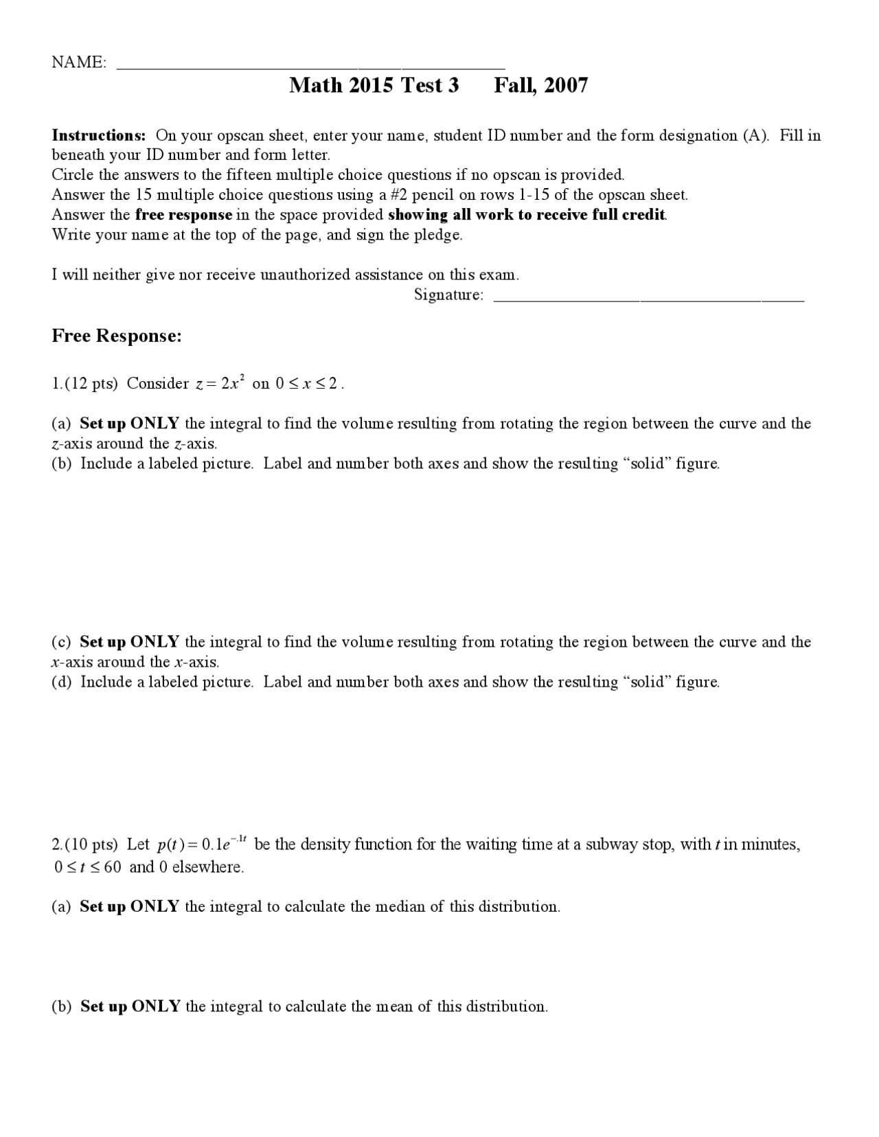 Test 3 Practice Problems On Calculus With Trigonometry Ii Math 2015
