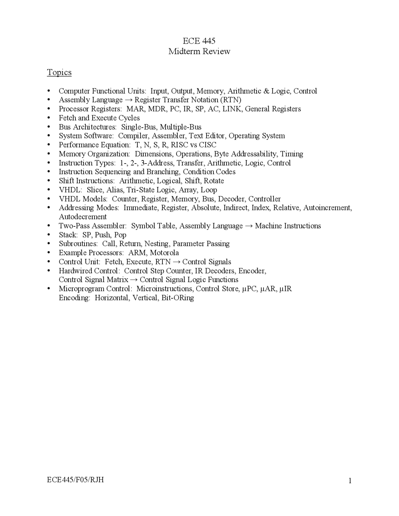 Midterm Review Computer Organization Ece 445 Docsity