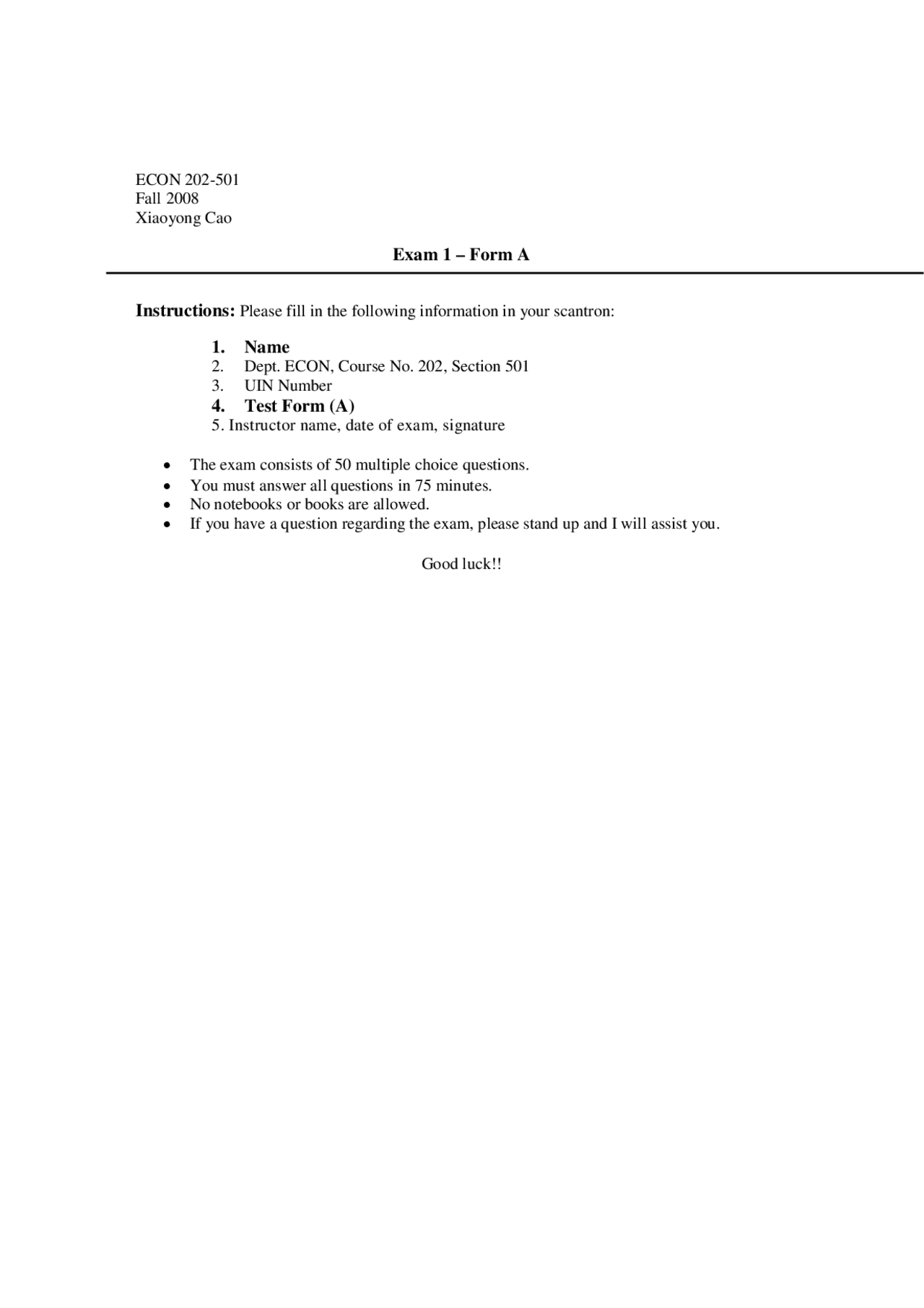 Exam 1 Form A Principles Of Economics Econ 202 Exams Economics