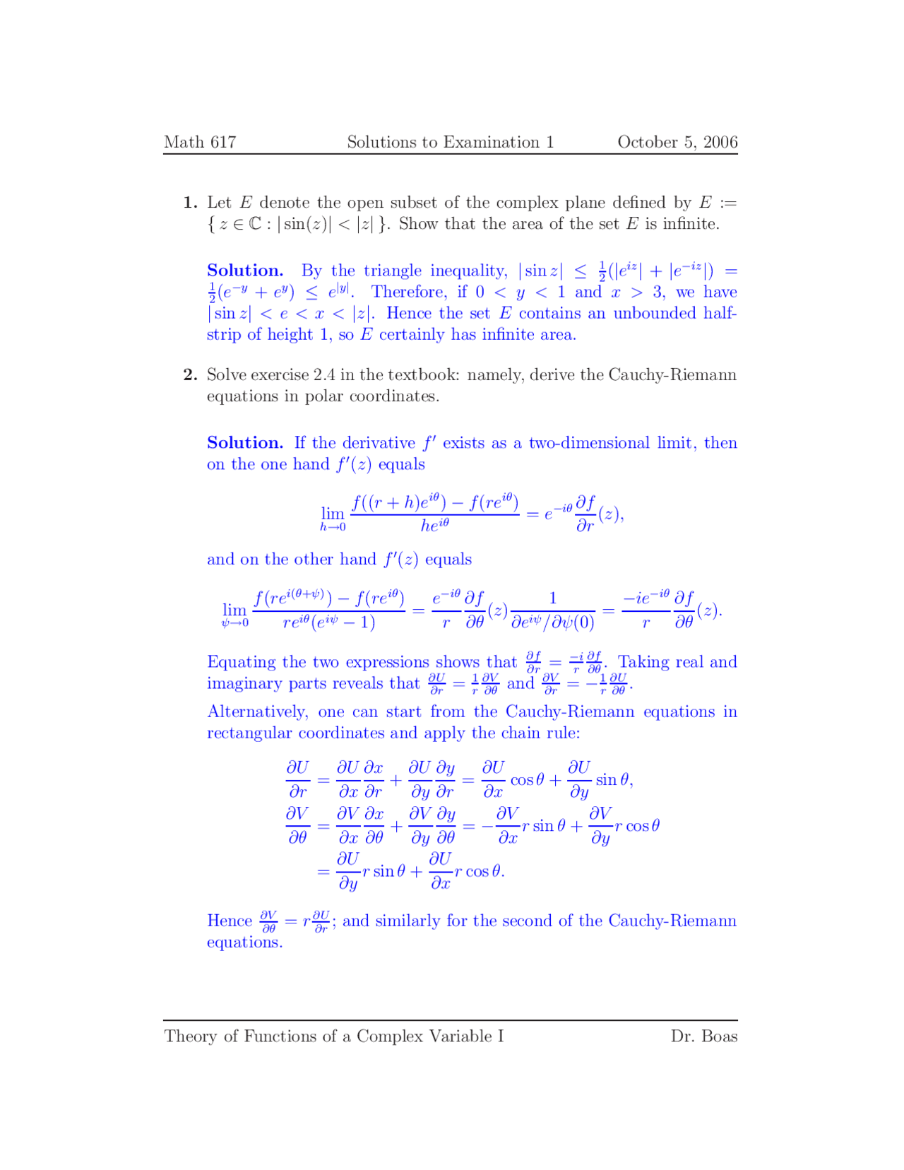 Solutions To Examination 1 Complex Variables I Math 617 Docsity