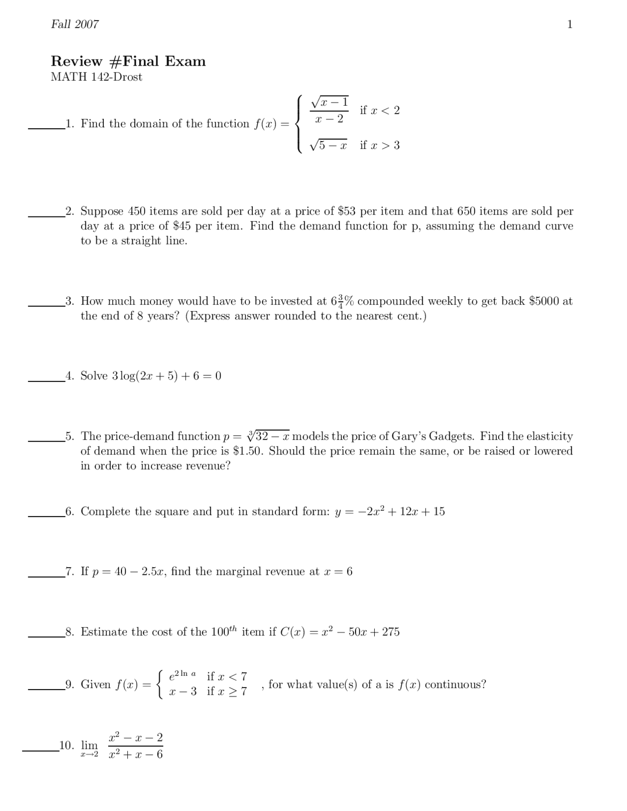 60 Questions On Business Mathematics Ii With Answers Final Exam