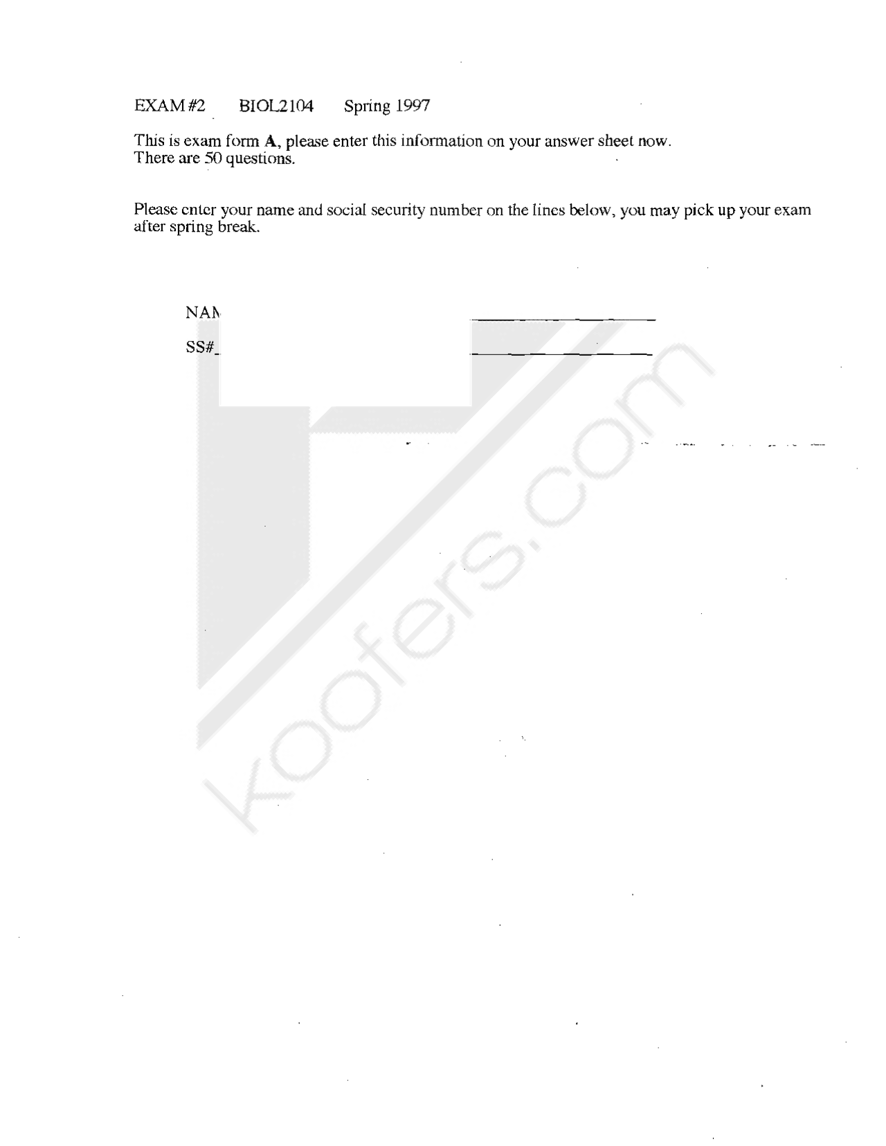 Midterm Exam 2 With Answer Key Cell And Molecular Biology Biol 2104 Exams Cellular And 