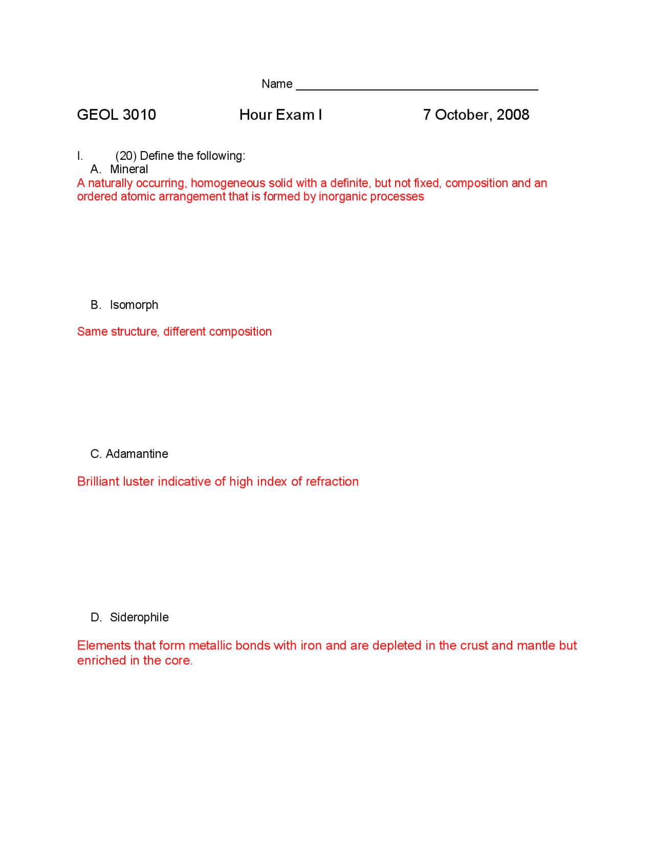 Exam 1 With Solution For Introduction To Mineralogy Geol 3010 Docsity